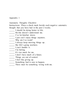 Appendix 1 automatic thoughts checklist instructions place | PDF