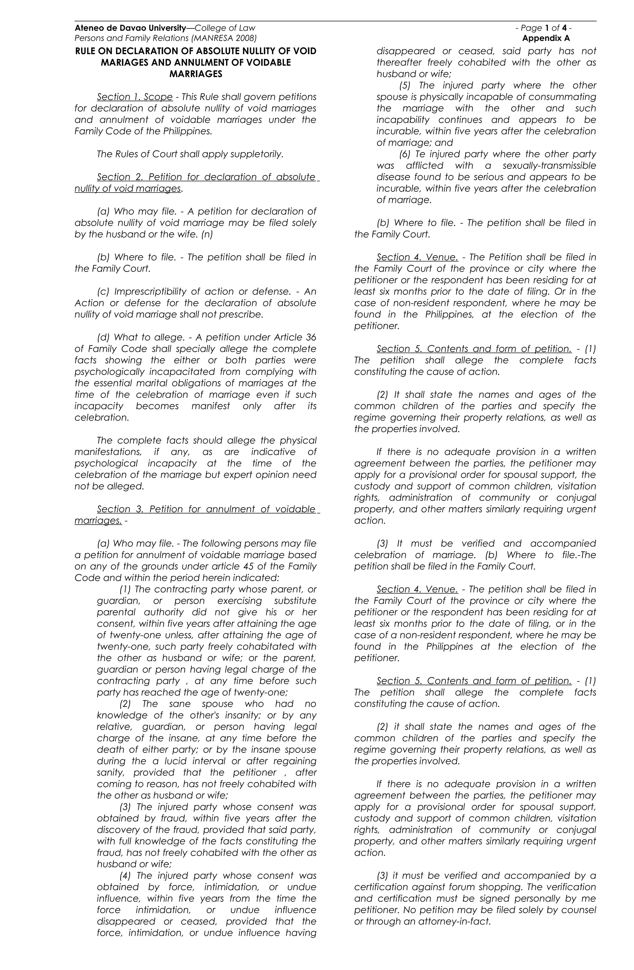 Appendix a rule on declaration of nullity and anulment of marriages | DOC