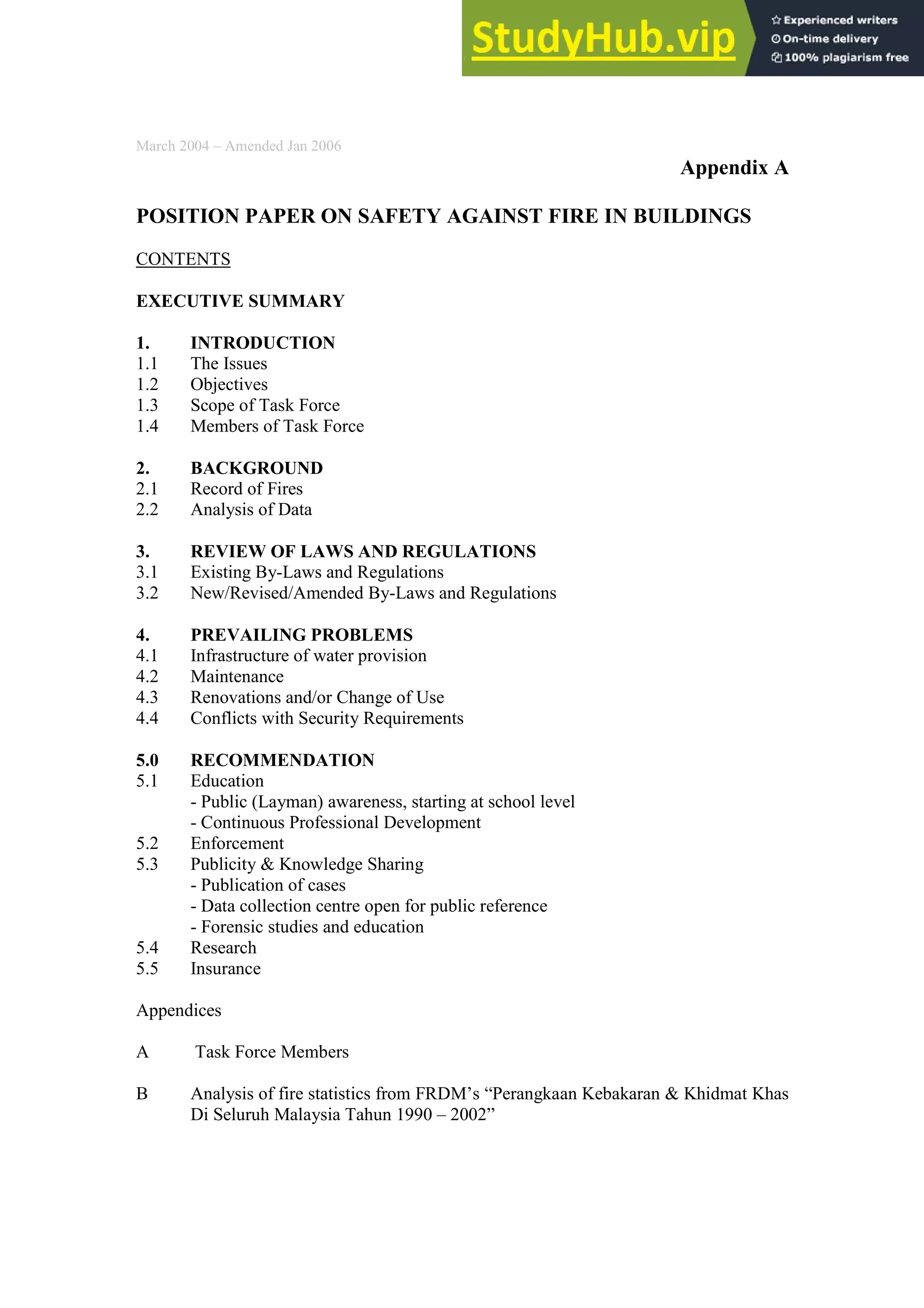 Appendix A POSITION PAPER ON SAFETY AGAINST FIRE IN BUILDINGS CONTENTS ...