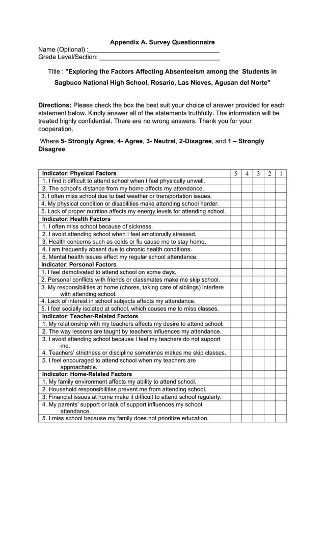 Appendix A SURVEY QUESTIONNAIRE.docx for action research | PDF