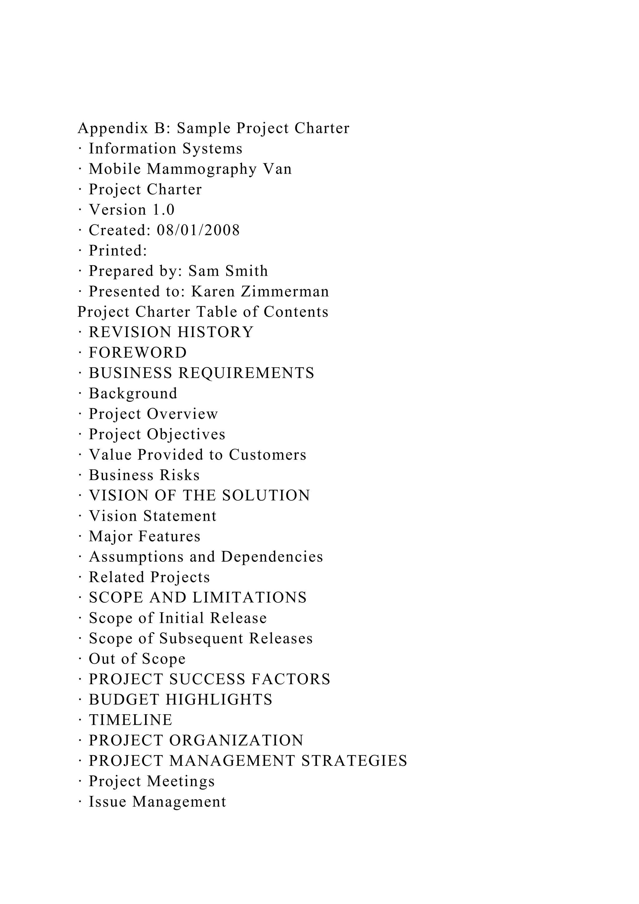 Appendix B Sample Project Charter · Information Systems· Mobi.docx