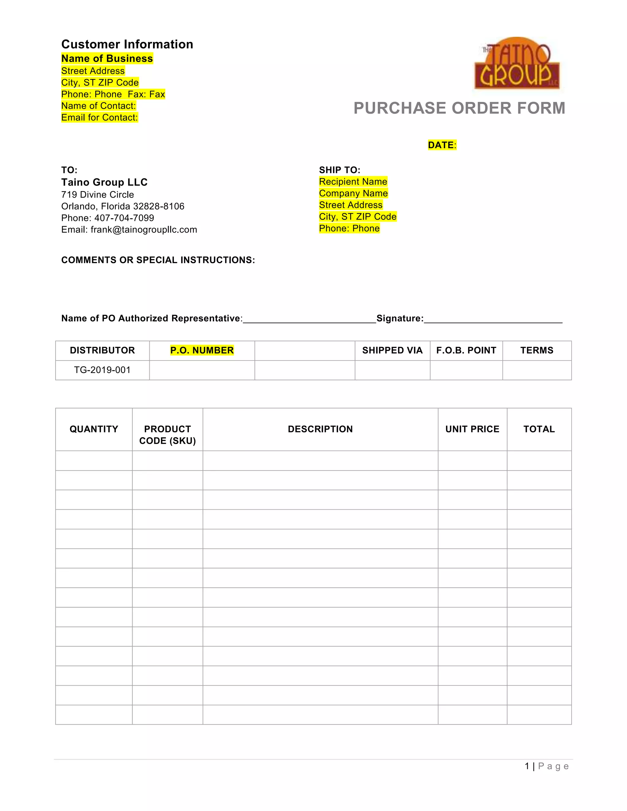 Sample Taino Group Purchase Order Form | PDF