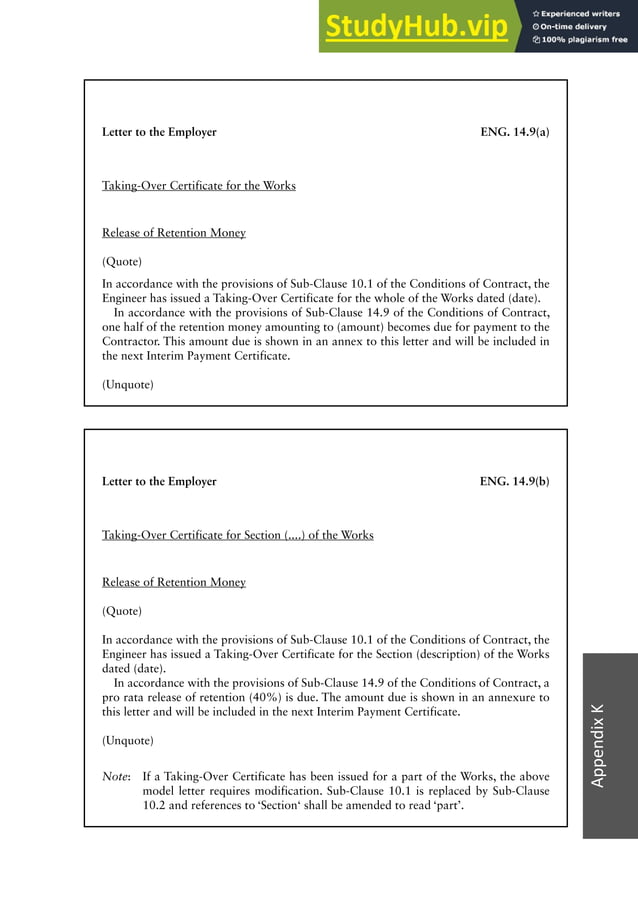 Appendix K Model Letters For Use By The Engineer | PDF | Business | Business and Finance