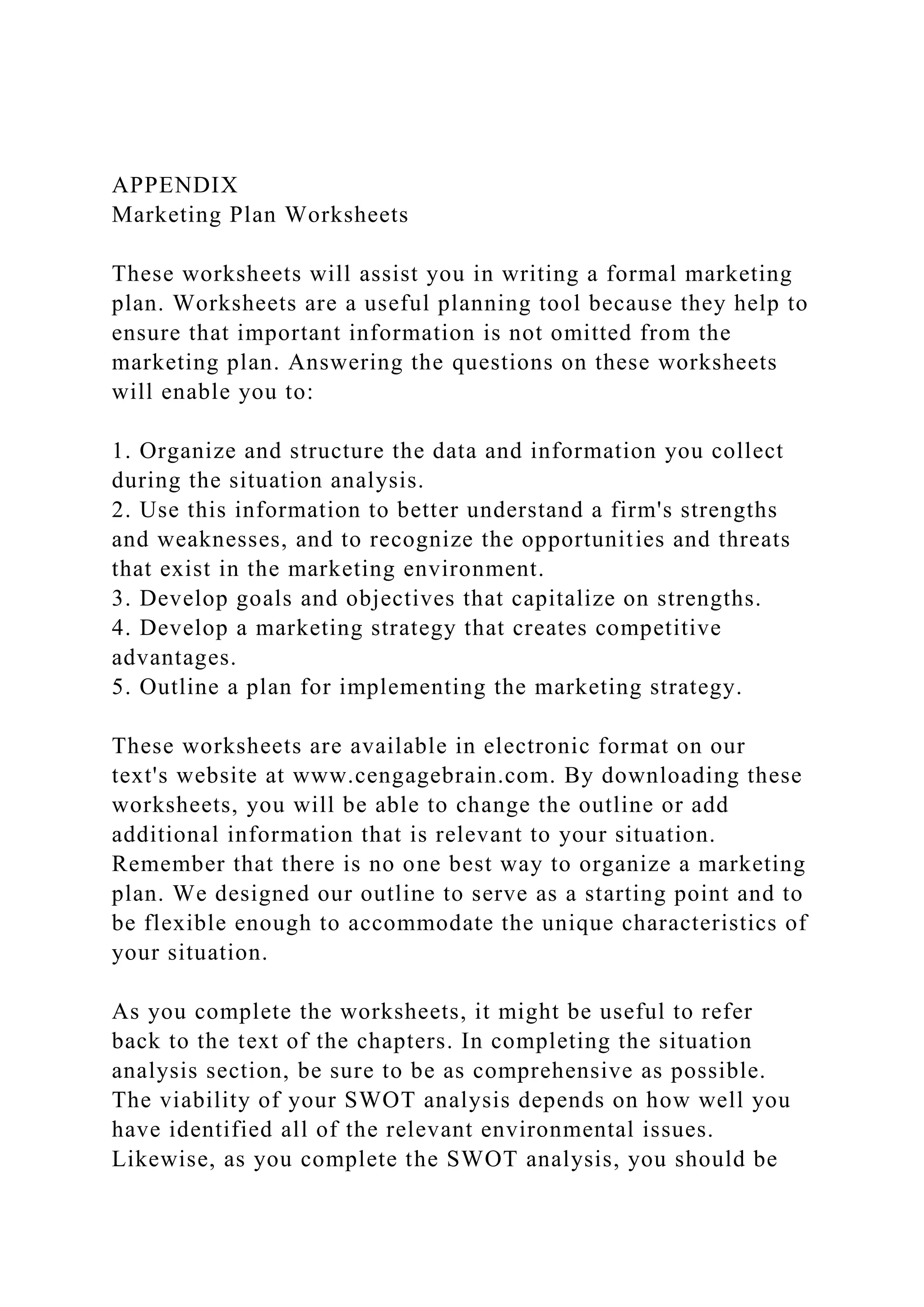APPENDIXMarketing Plan WorksheetsThese worksheets will assis.docx