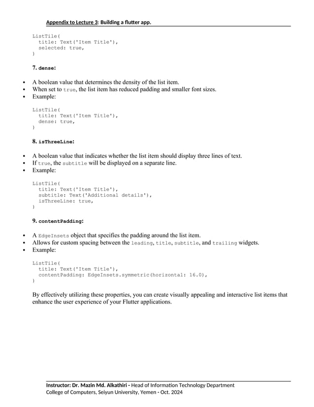Appendix to Lecture 3 Building a flutter app | PDF