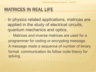 Appilation of matrices in real life | PPTX