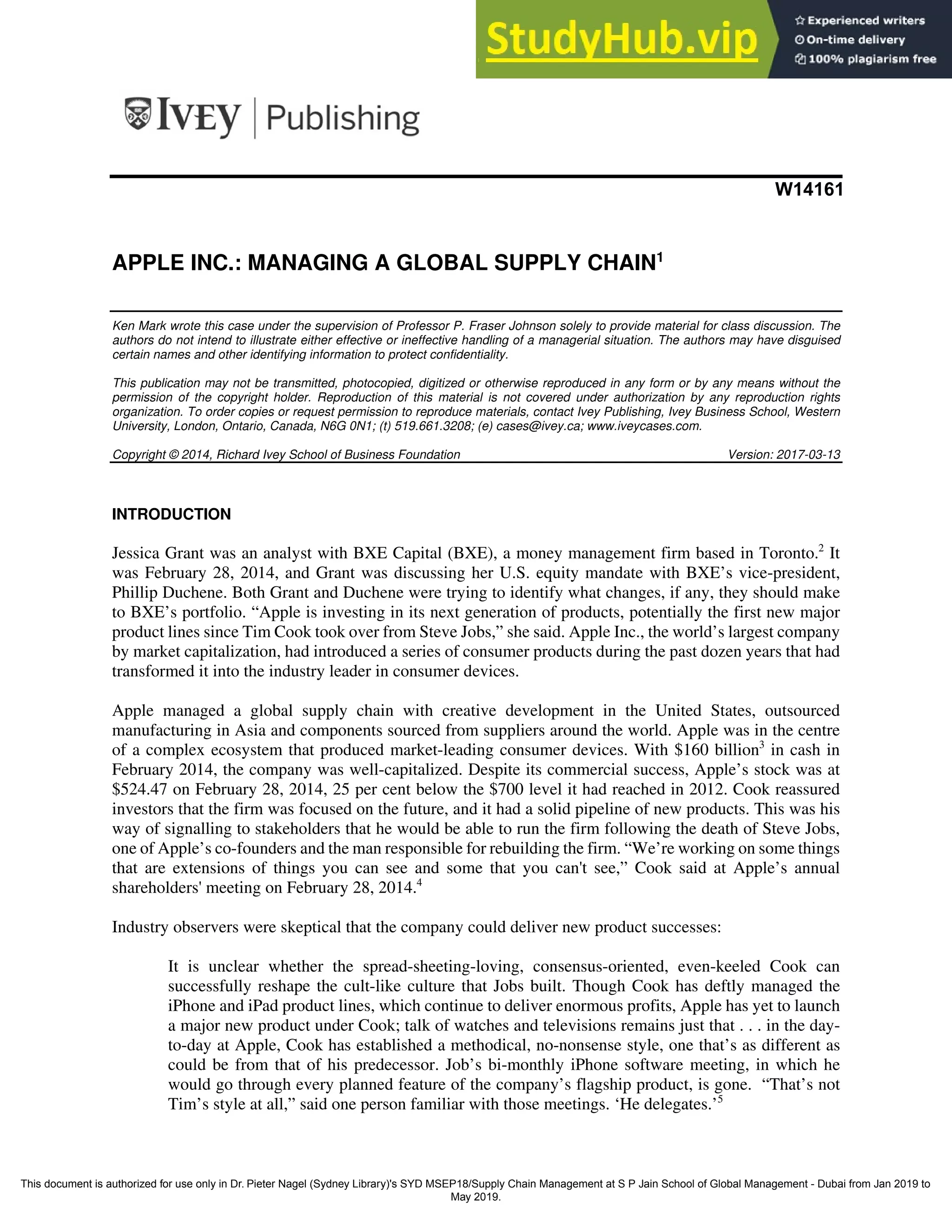 APPLE INC. MANAGING A GLOBAL SUPPLY CHAIN 1 | PDF