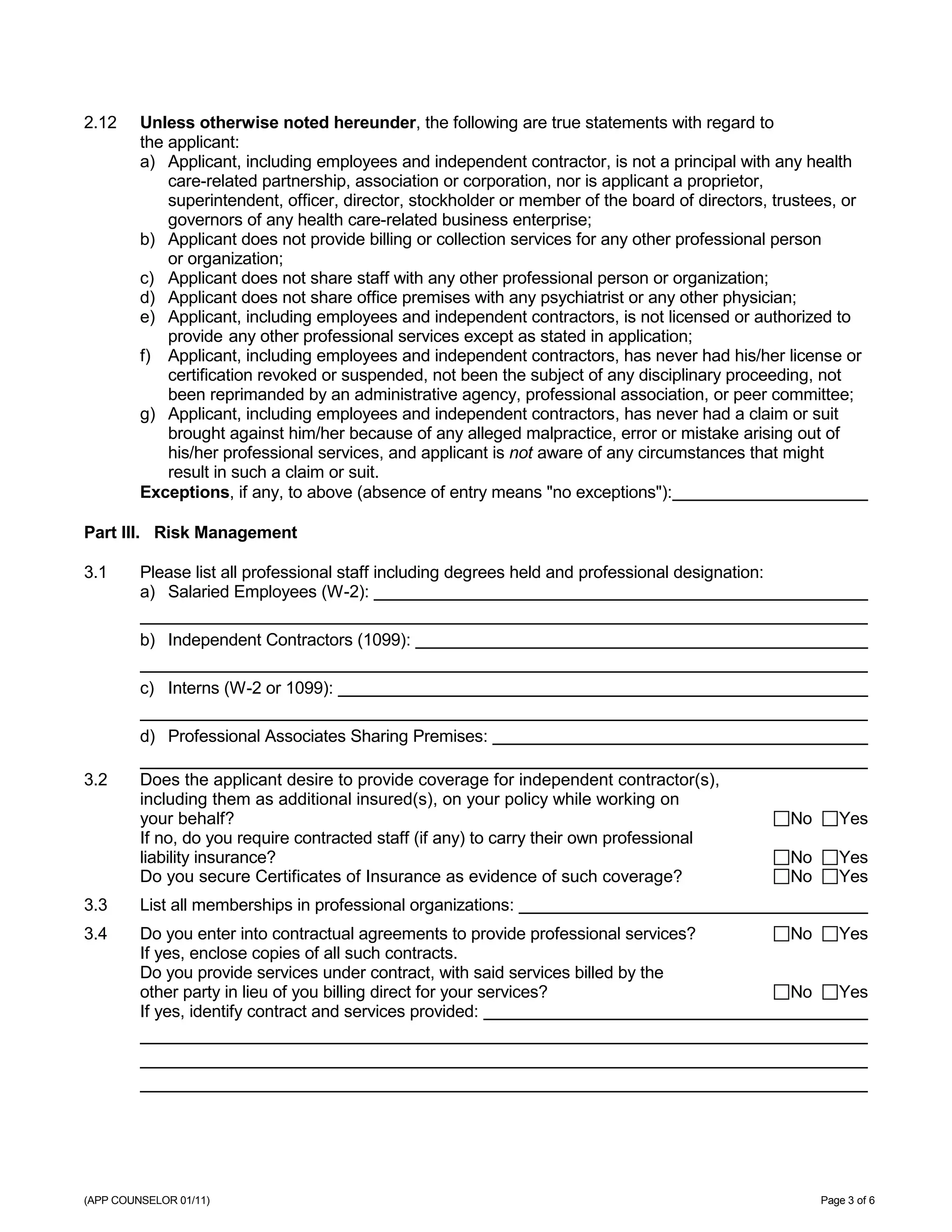 Professional Liability insurance application for Counselor | PDF