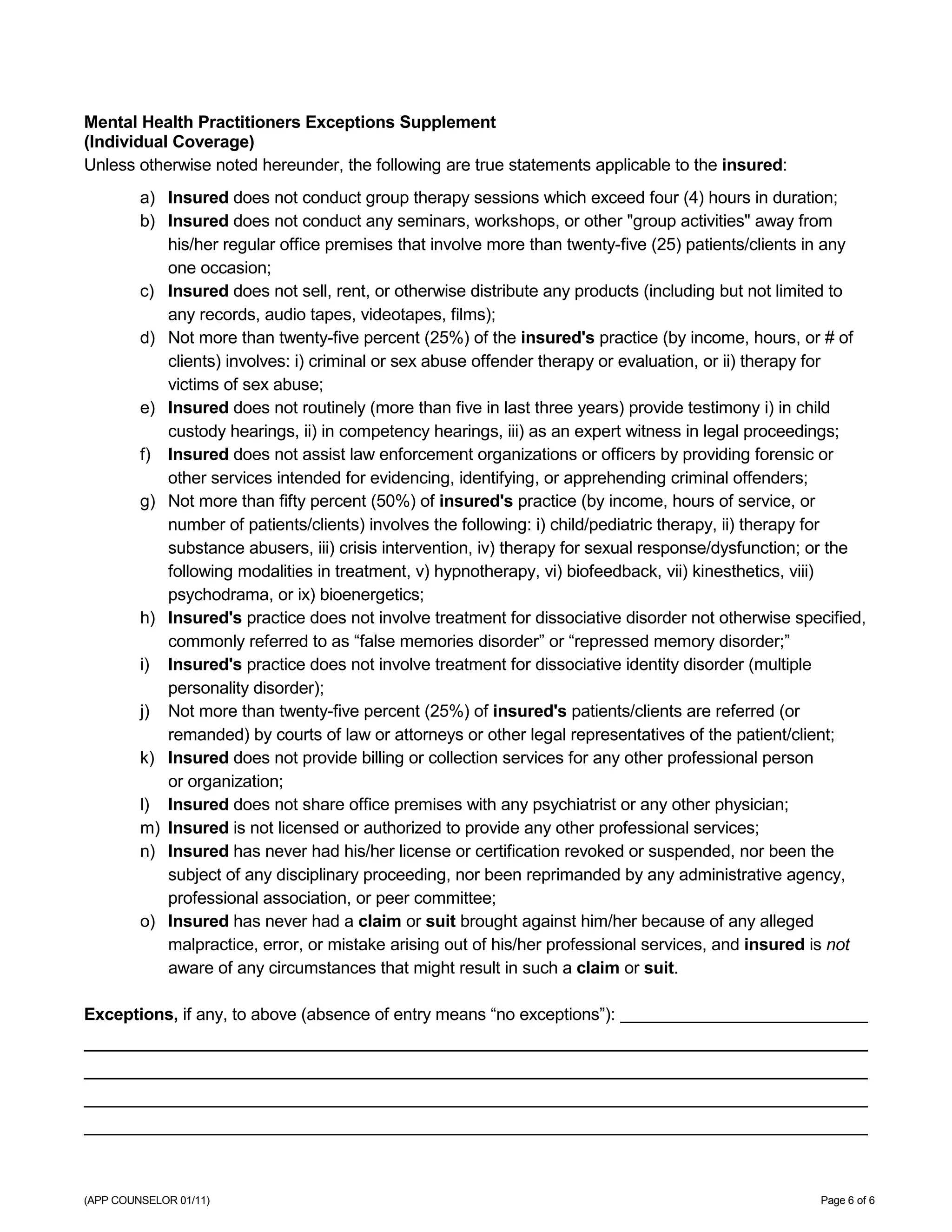 Professional Liability insurance application for Counselor | PDF