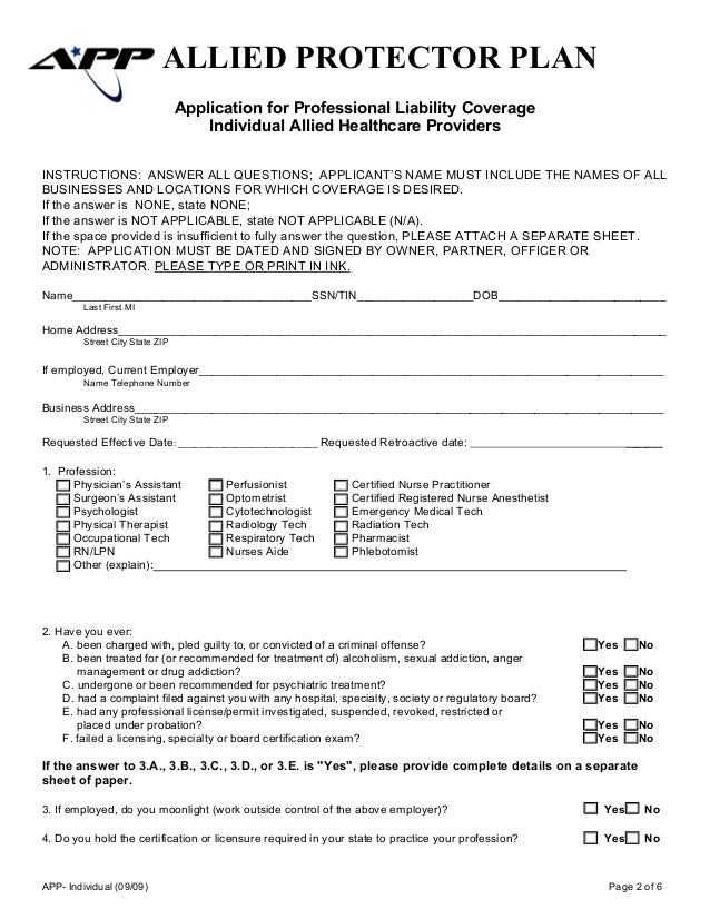 Application for Professional Liability Coverage - Individual Allied H…