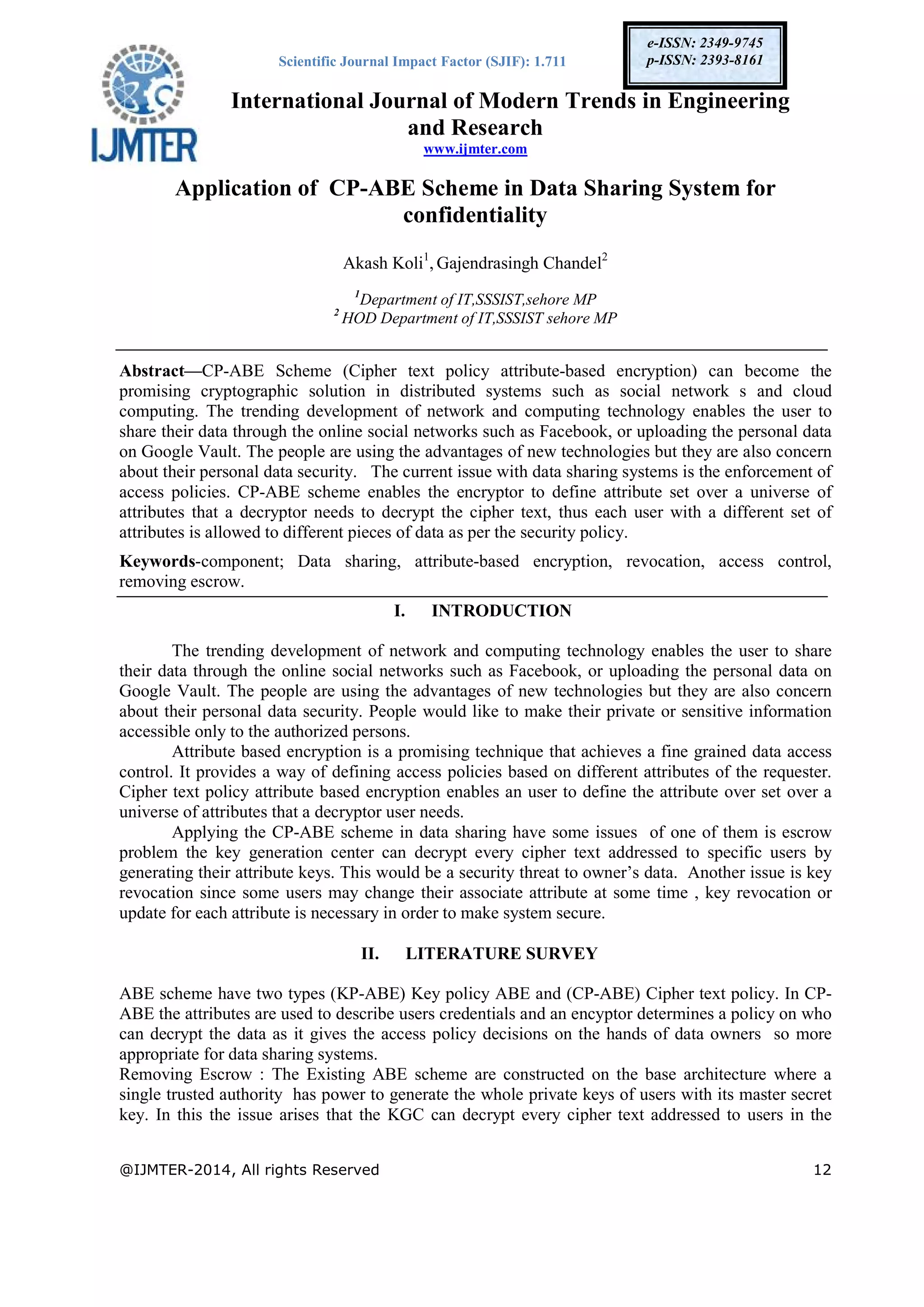 Application of CP-ABE Scheme in Data Sharing System for confidentiality ...