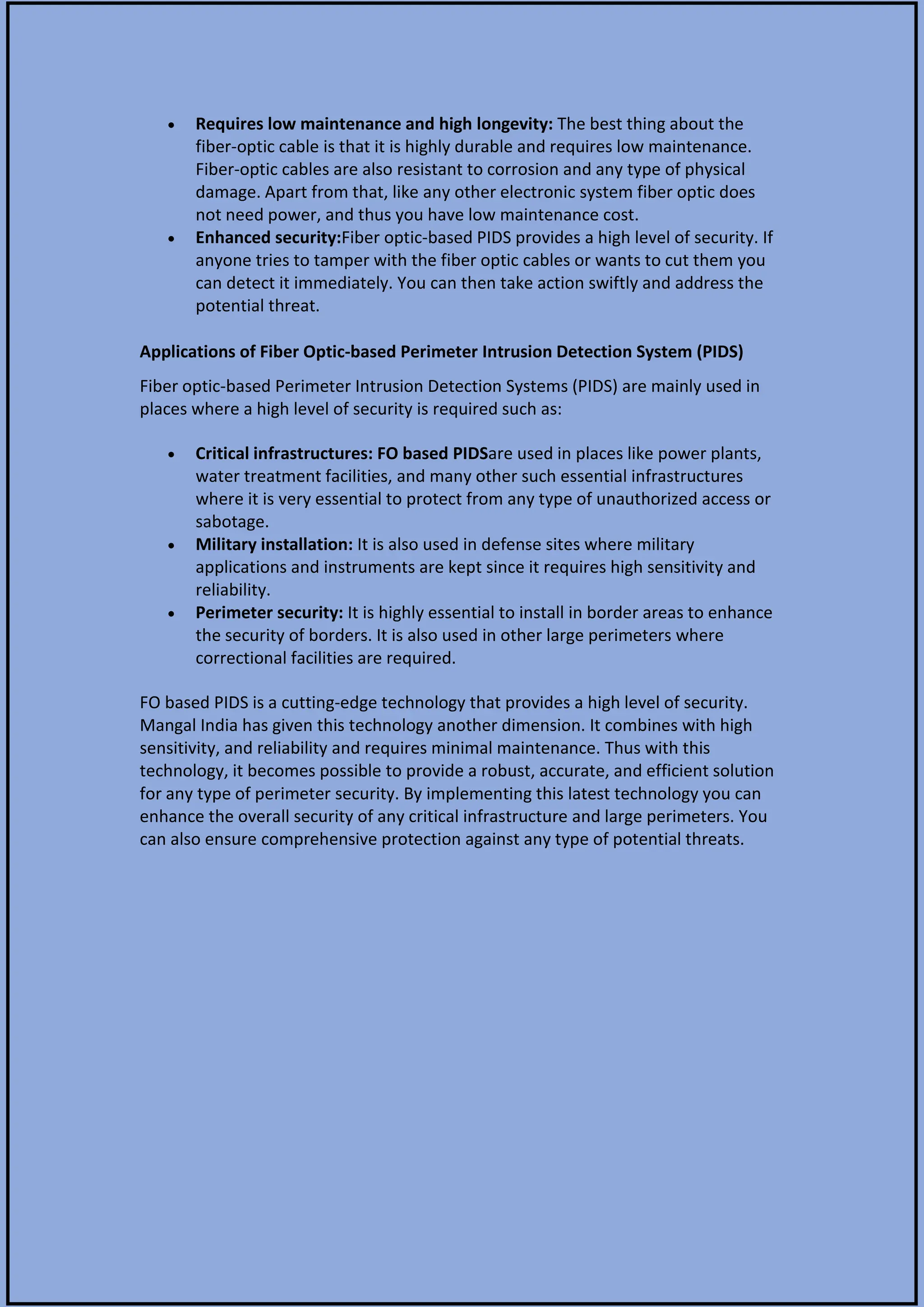 Application and Advantages of FO Based PIDS | PDF