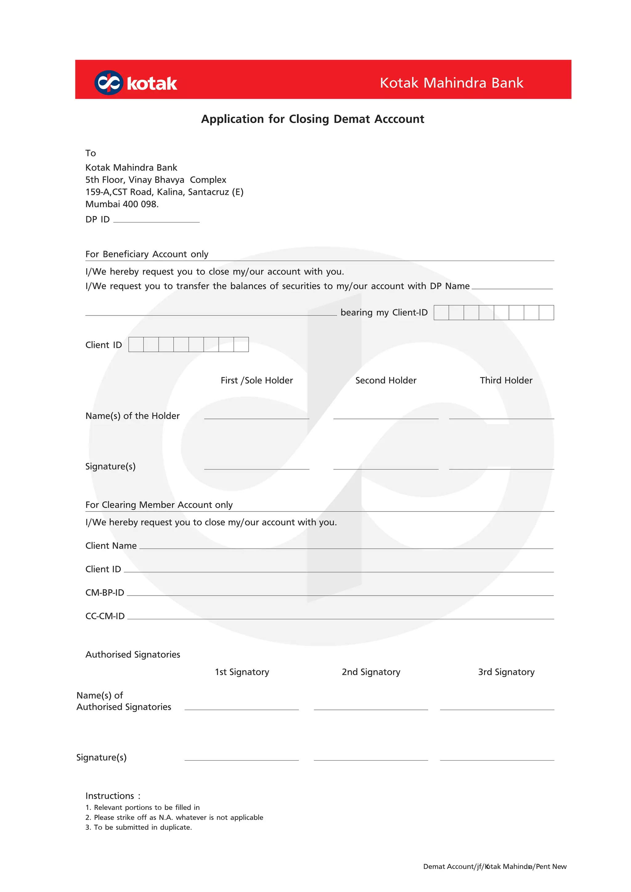 Kotak Trading account closing form | PDF
