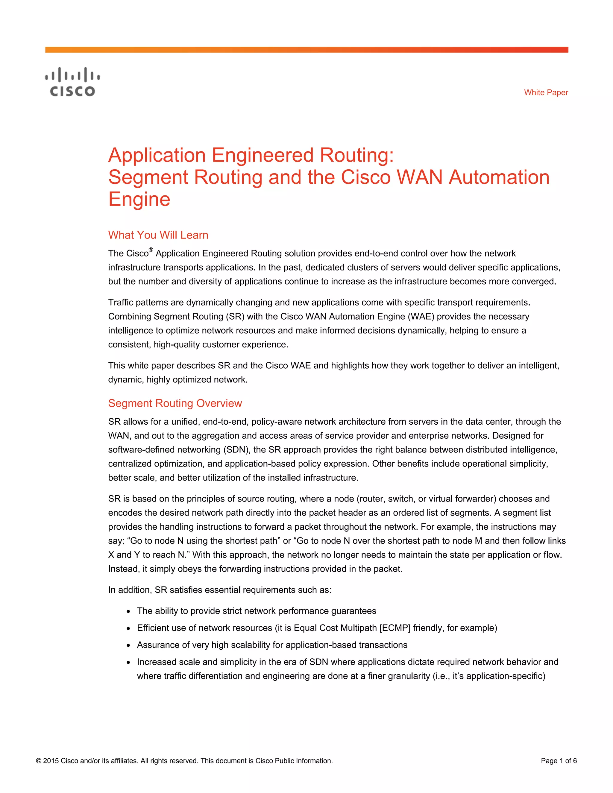 Application Engineered Routing Segment Routing And The Cisco Wan