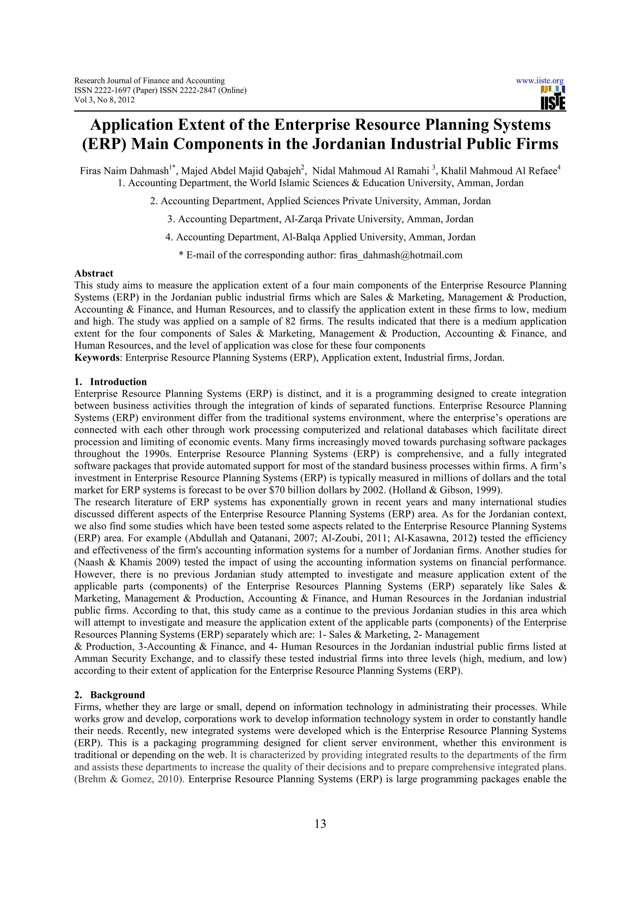 Application extent of the enterprise resource planning systems | PDF