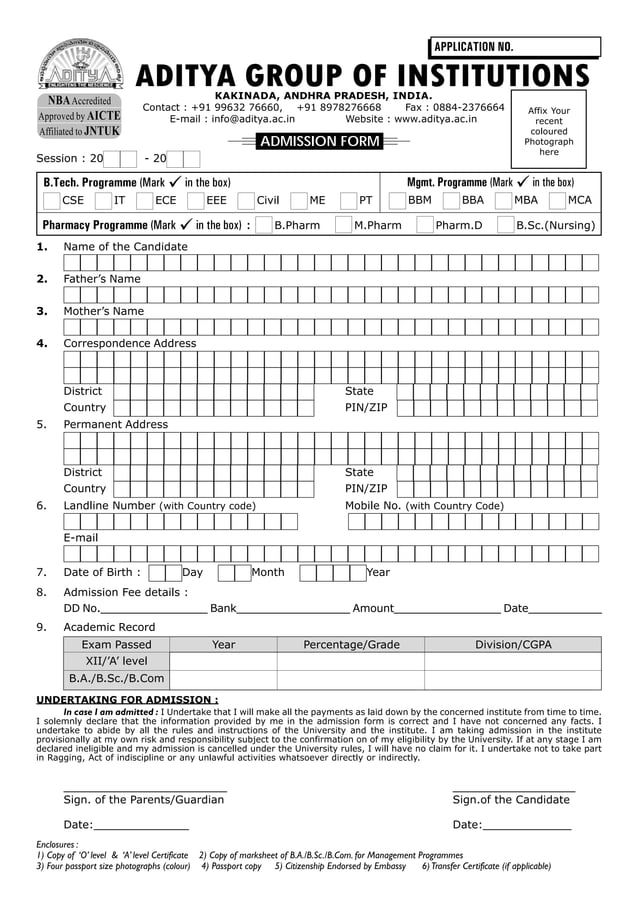 Admission Application for Foreign students - Aditya Educational Institutions | PDF