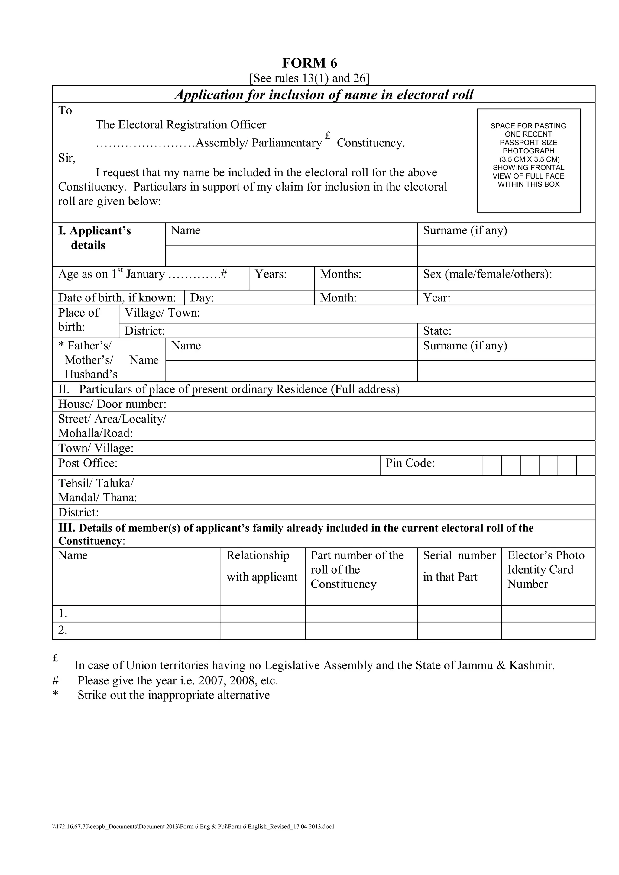 Application for inclusion of name in electoral roll(form6) | PDF