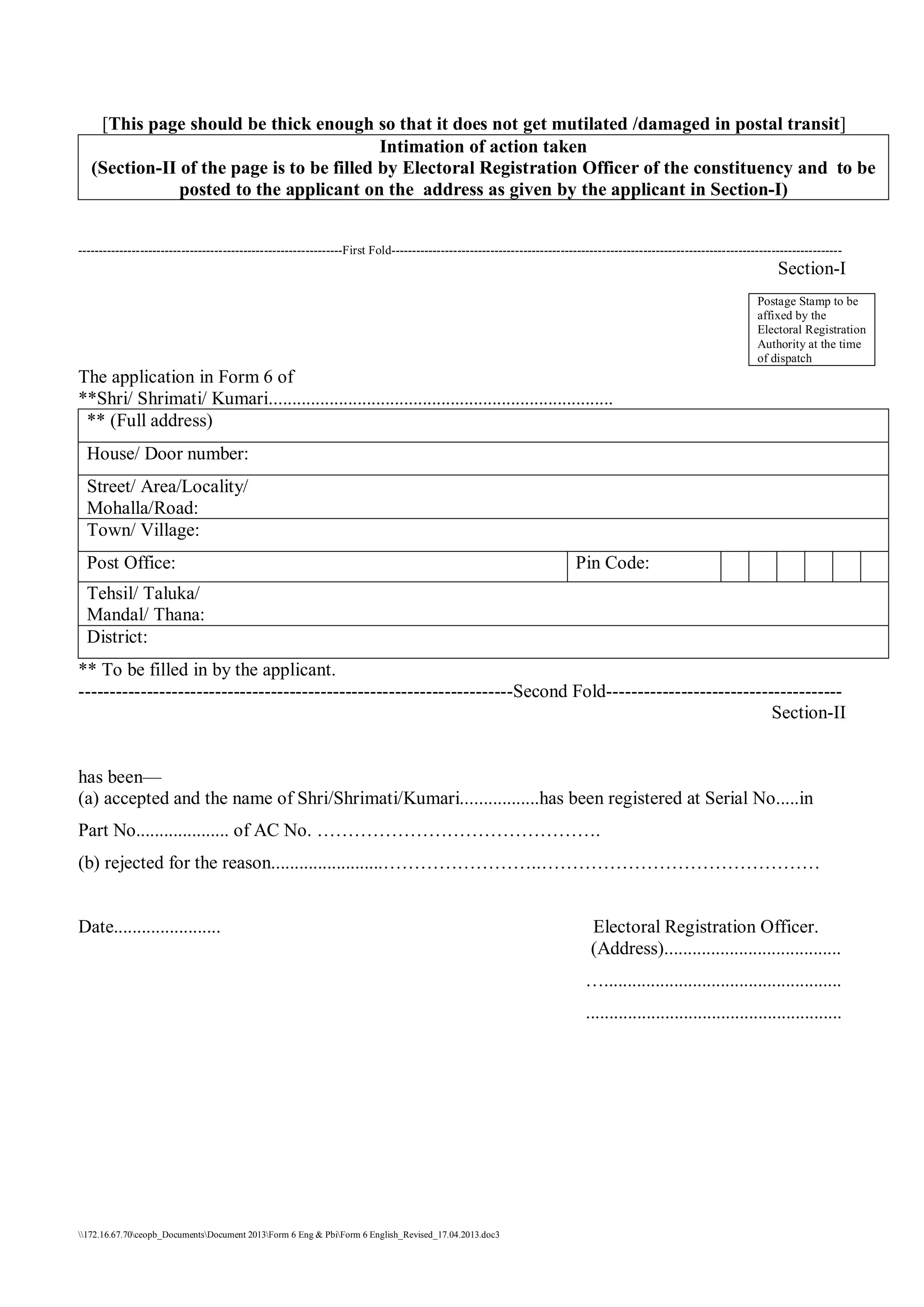 Application for inclusion of name in electoral roll(form6) | PDF