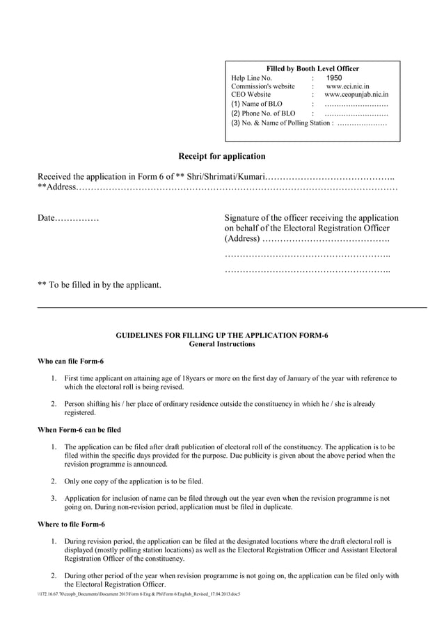 Application for inclusion of name in electoral roll(form6) | PDF