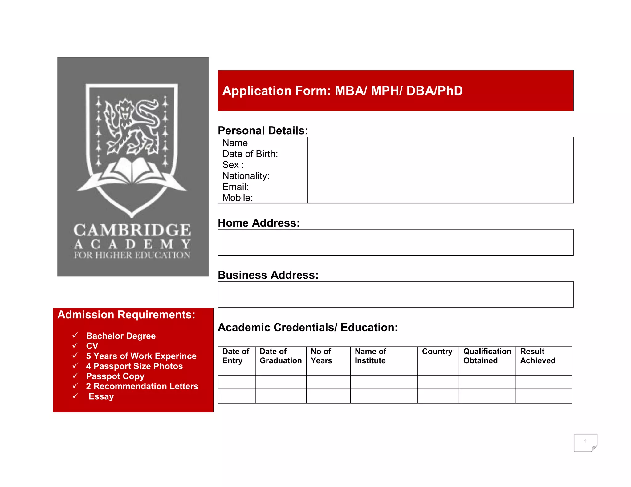 Application form, Cambridge Academy for Higher Education | PPT