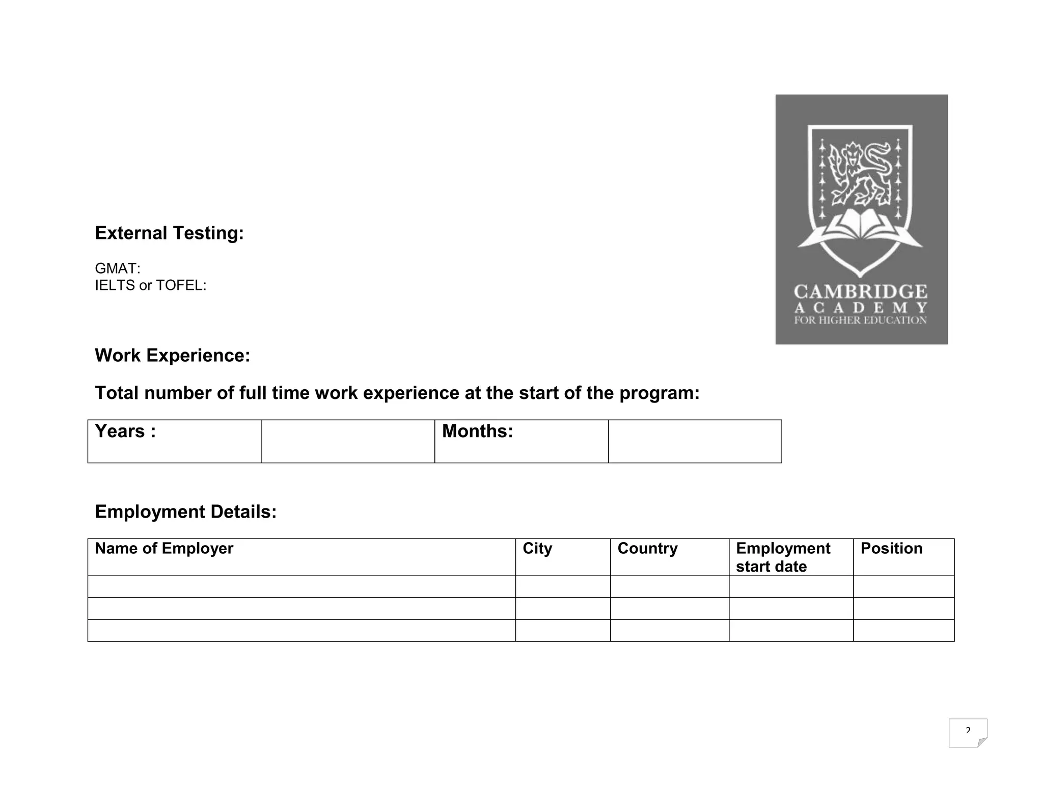 Application form, Cambridge Academy for Higher Education | PDF