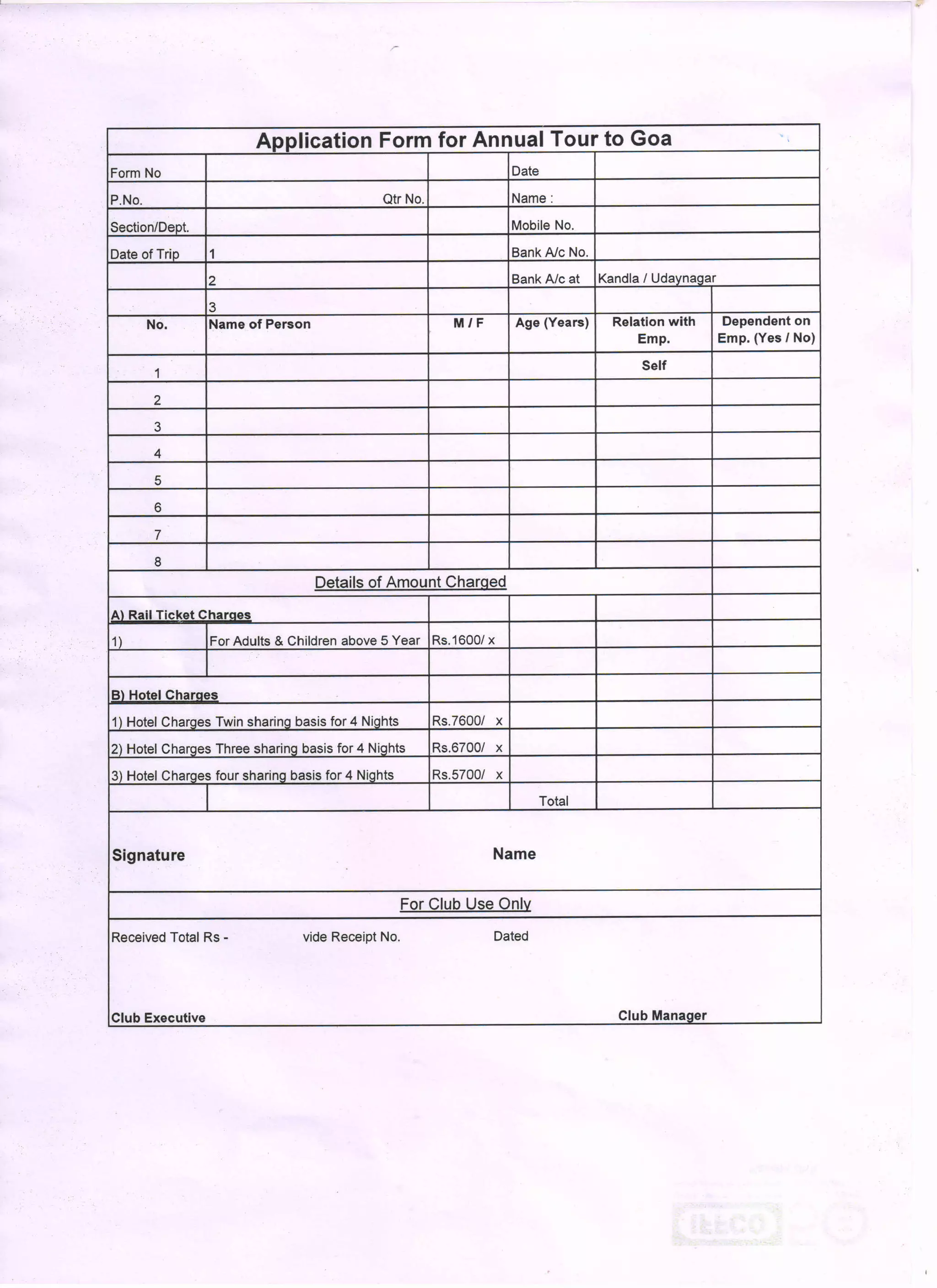 Application form goa tour | PDF