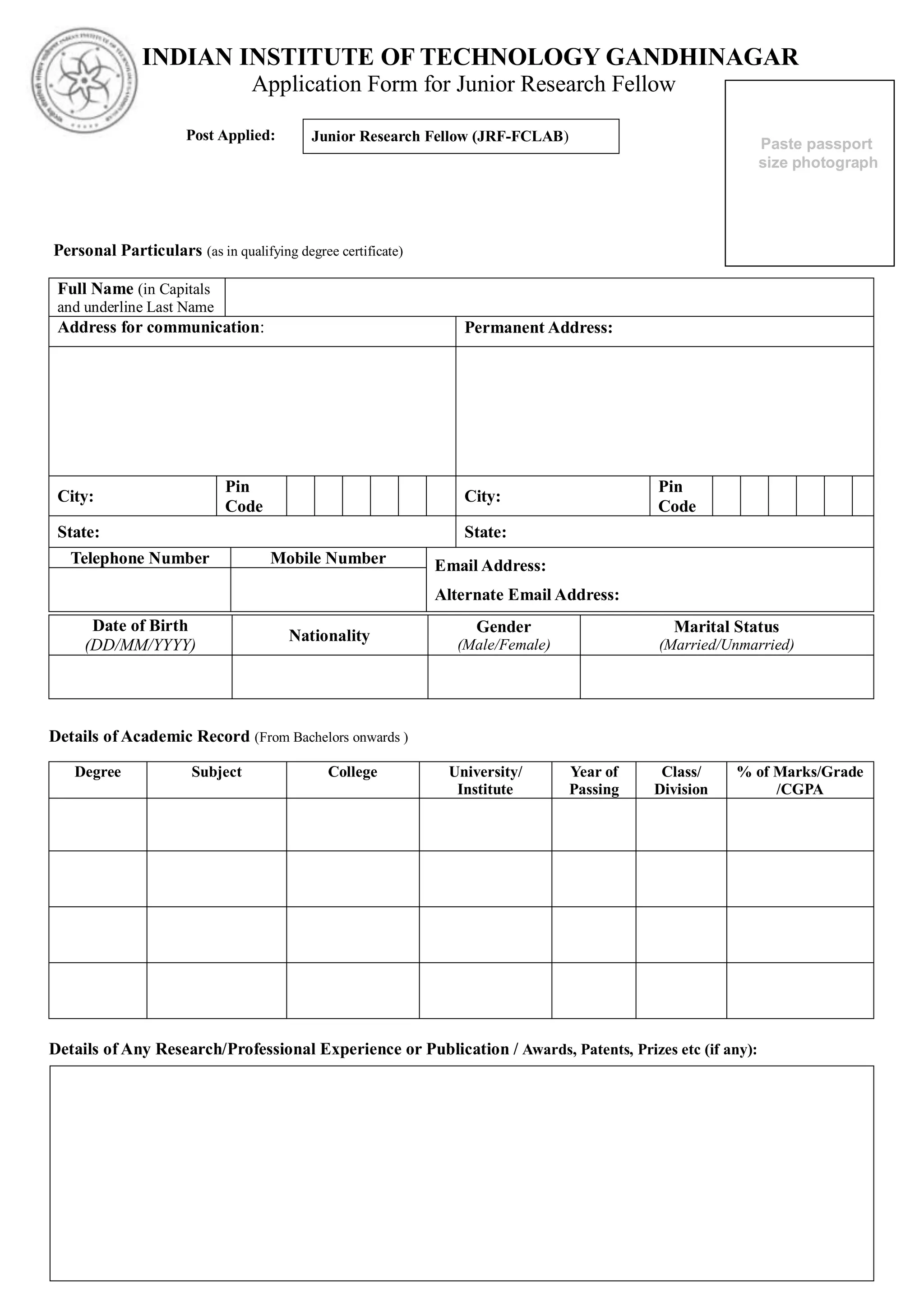 Application form jrf fclab | PDF