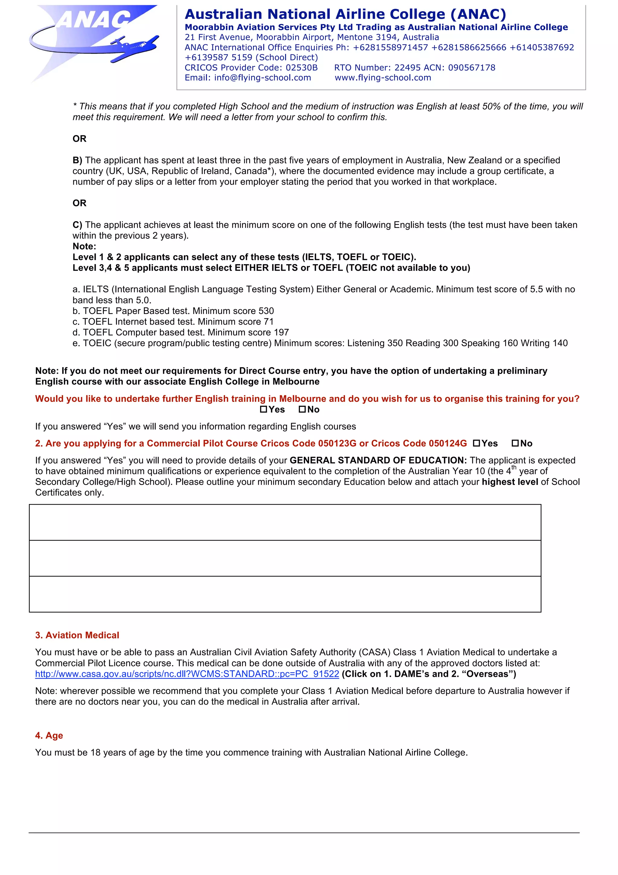 Australian National Airline College Application form anac12 | PDF