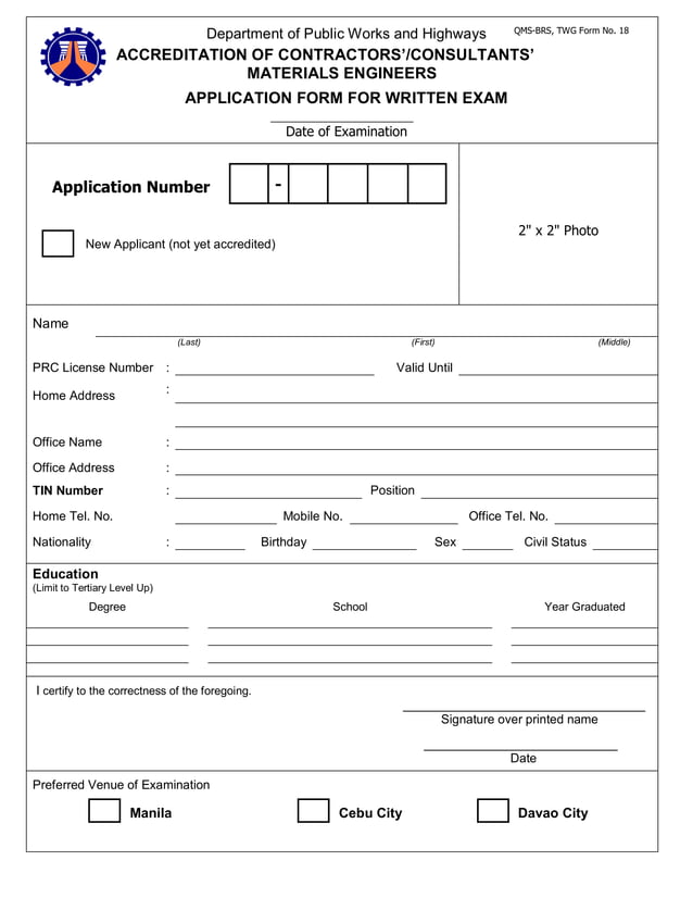 Application form for accreditation exam of contractors & consultants me rev 2017 | PDF