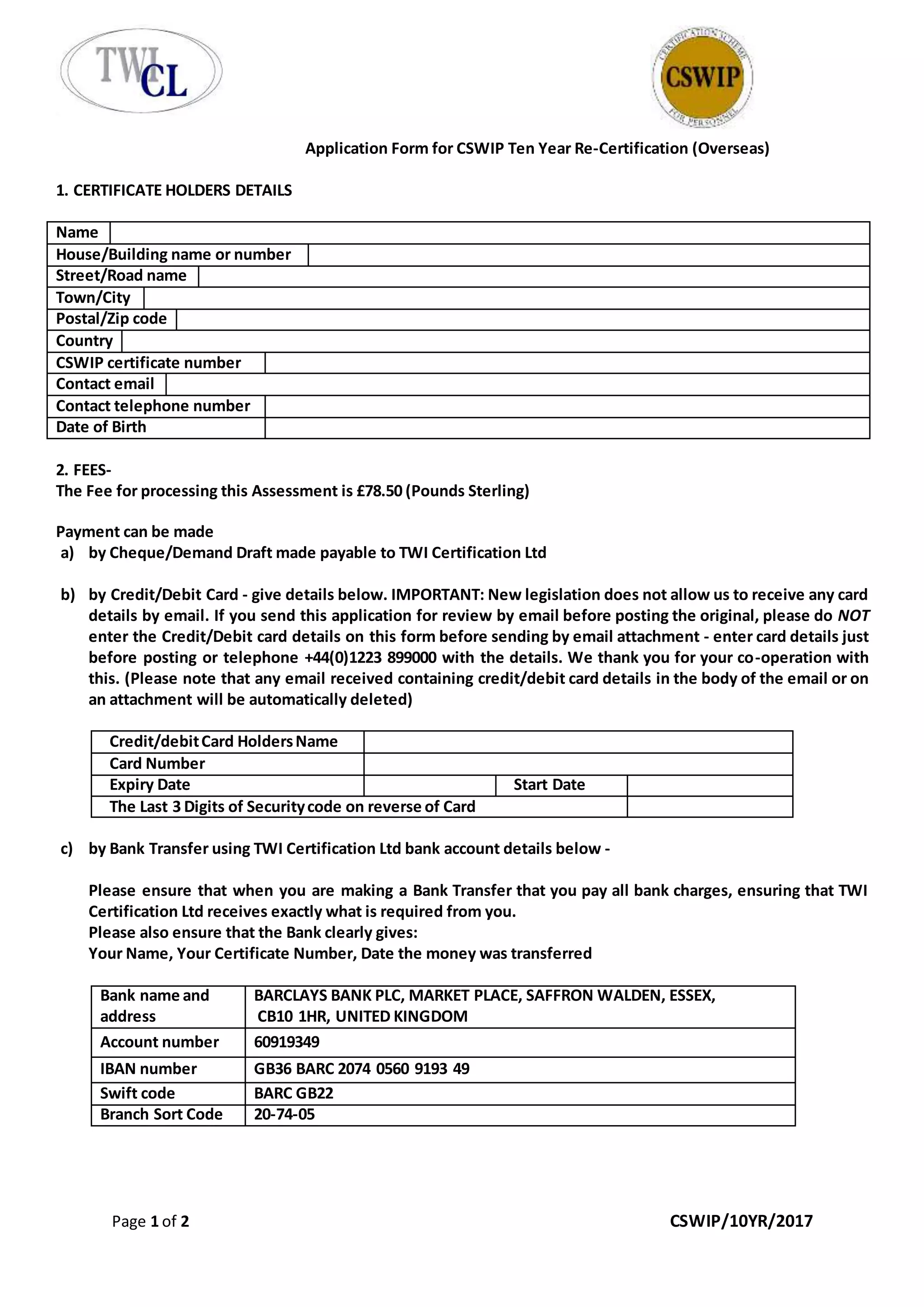 Application form for cswip 10 year re certification (overseas) with ...