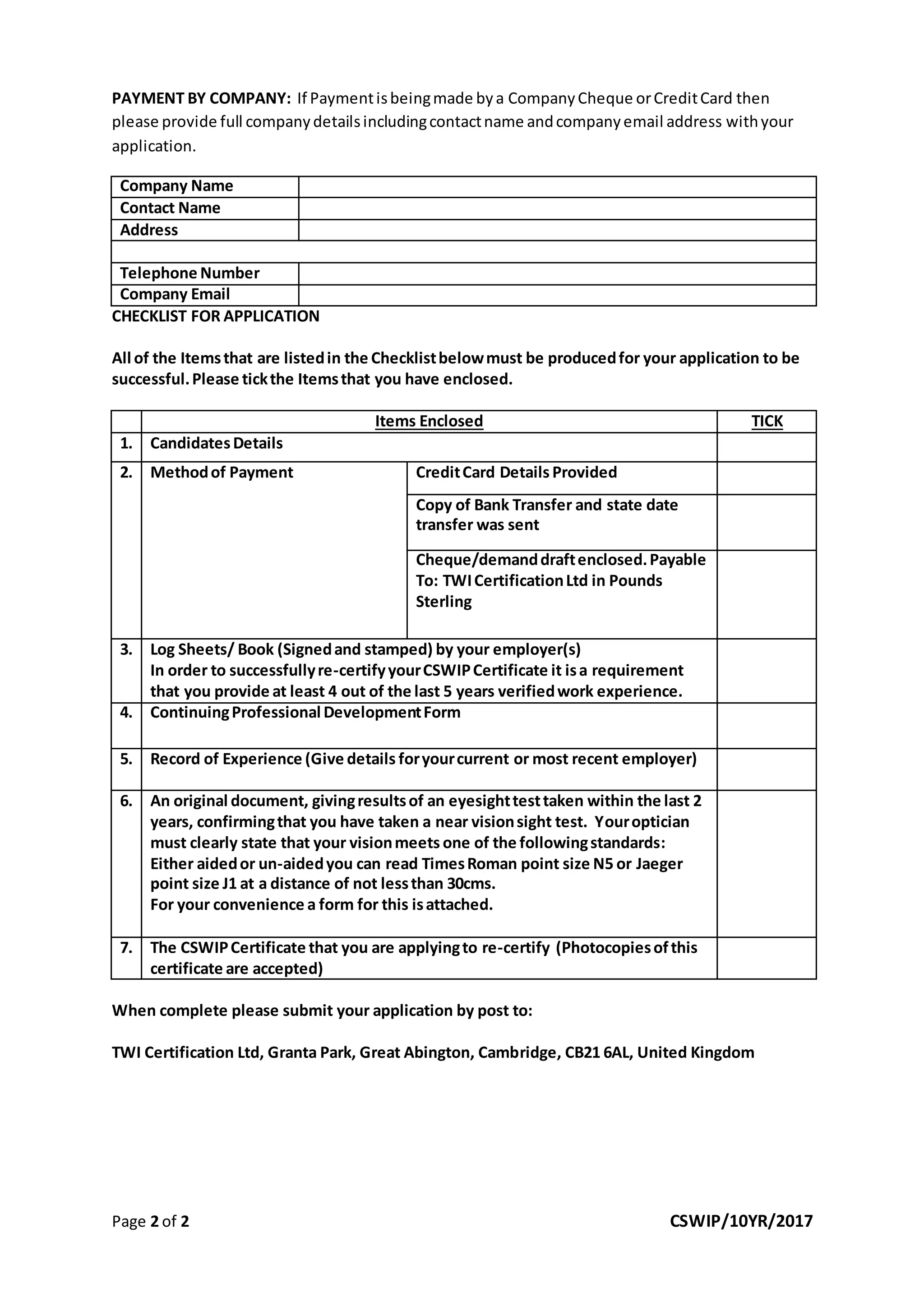 Application form for cswip 10 year re certification (overseas) with ...