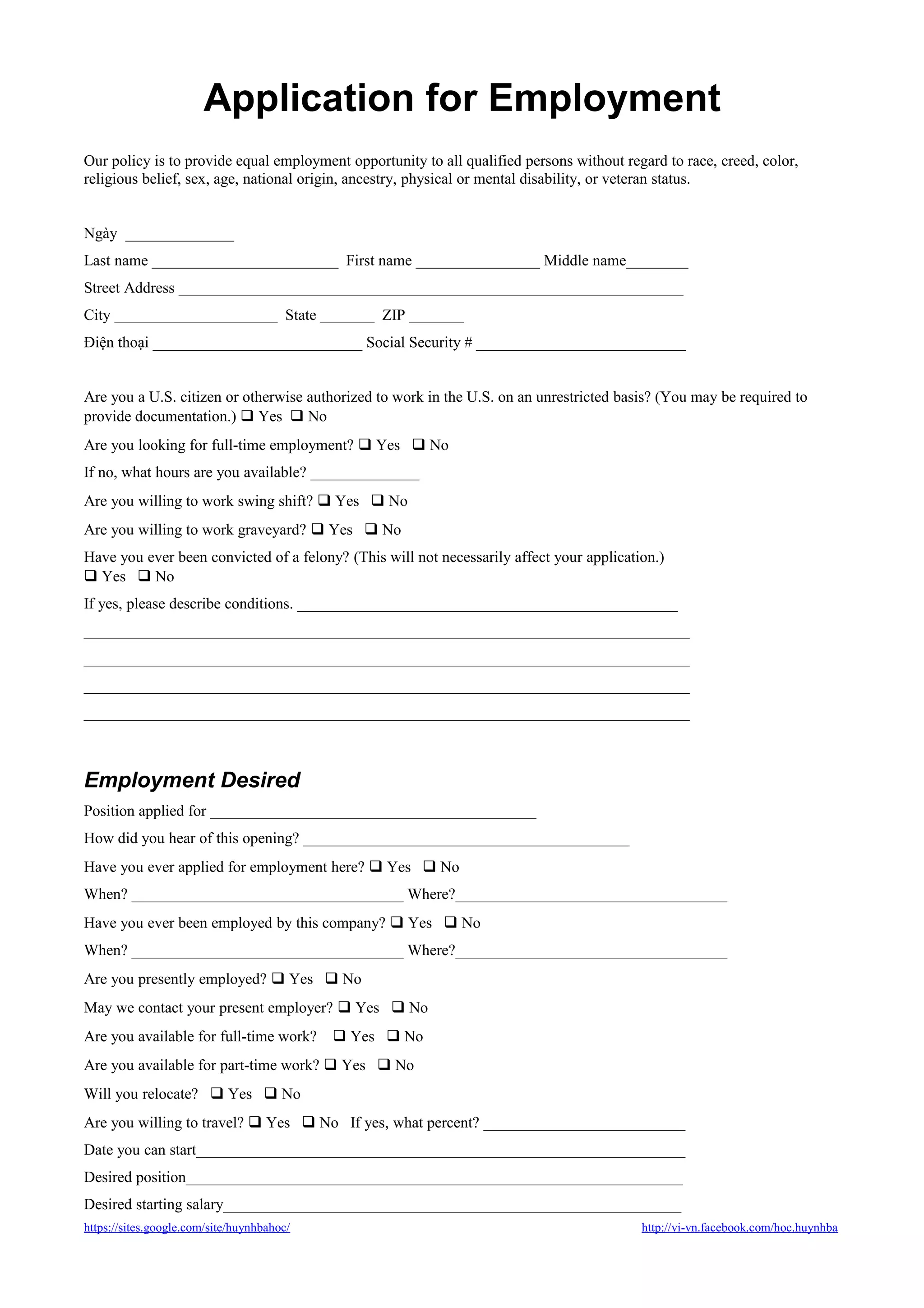 Application form for employment (đơn xin việc tiếng anh) | DOC