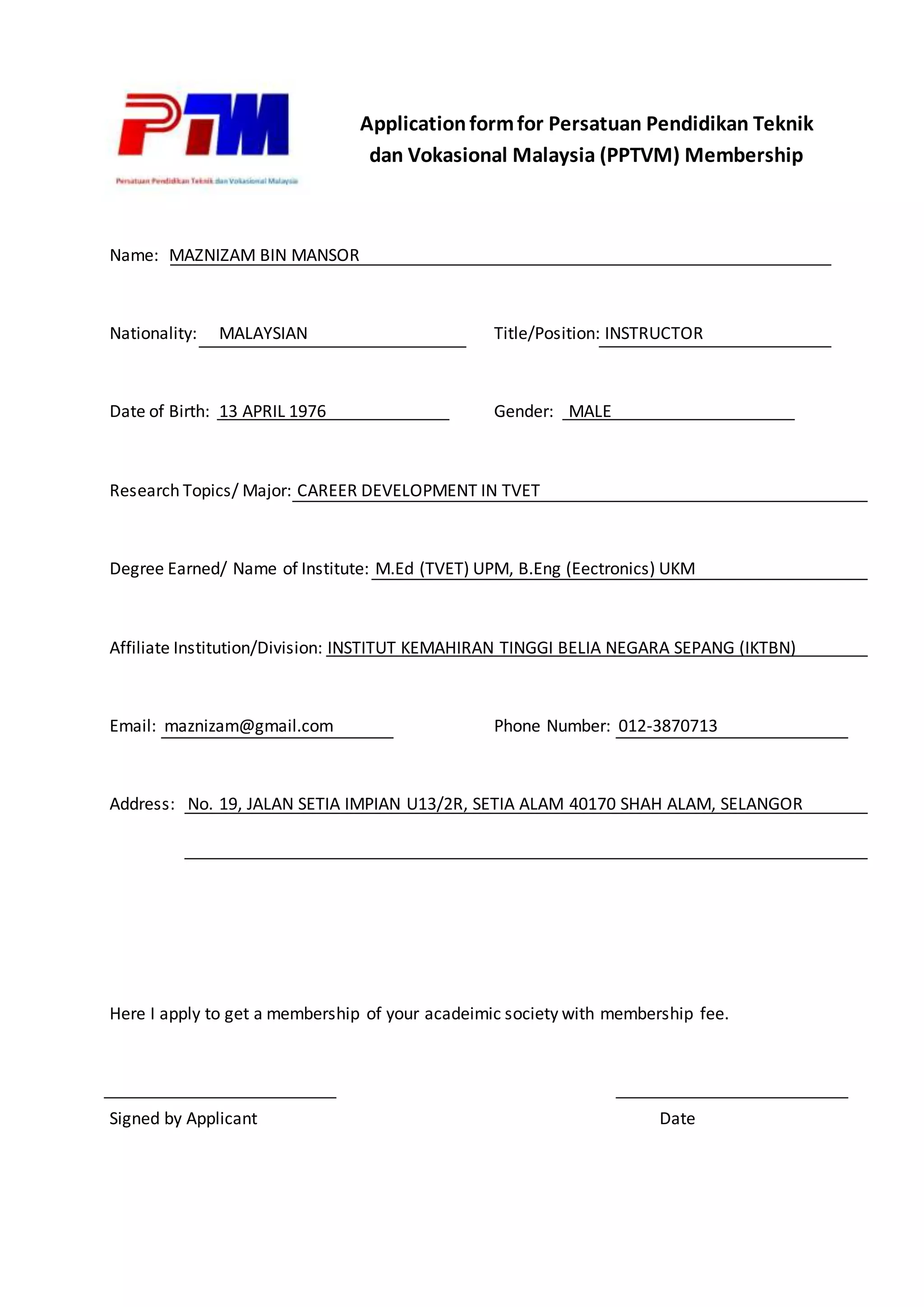 Application form for persatuan pendidikan teknik dan vokasional ...