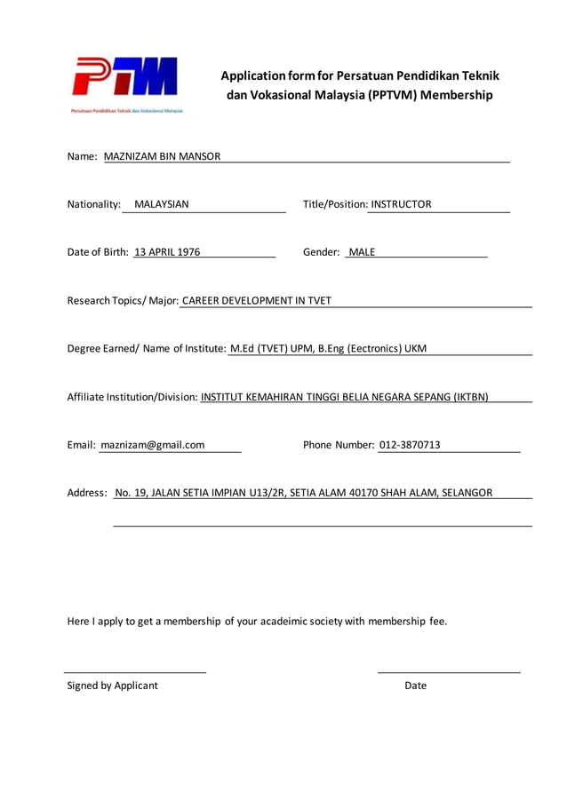 Application form for persatuan pendidikan teknik dan vokasional ...