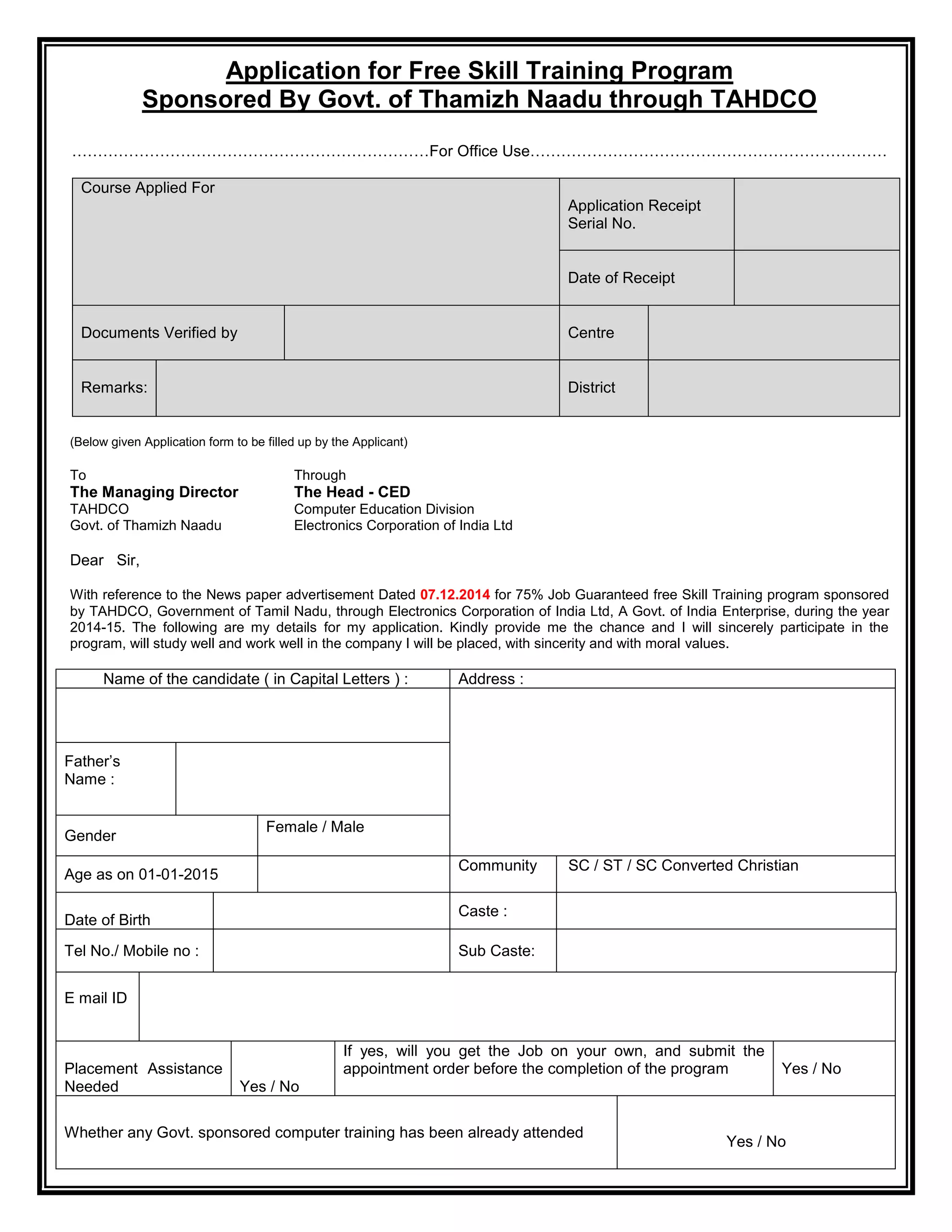 Application form tahdco | PDF