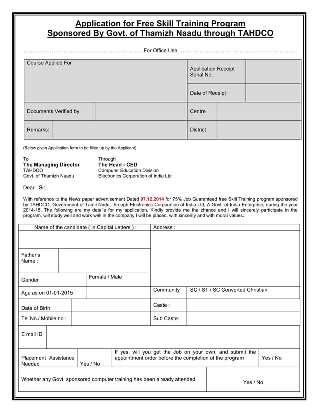 Application form tahdco | PDF