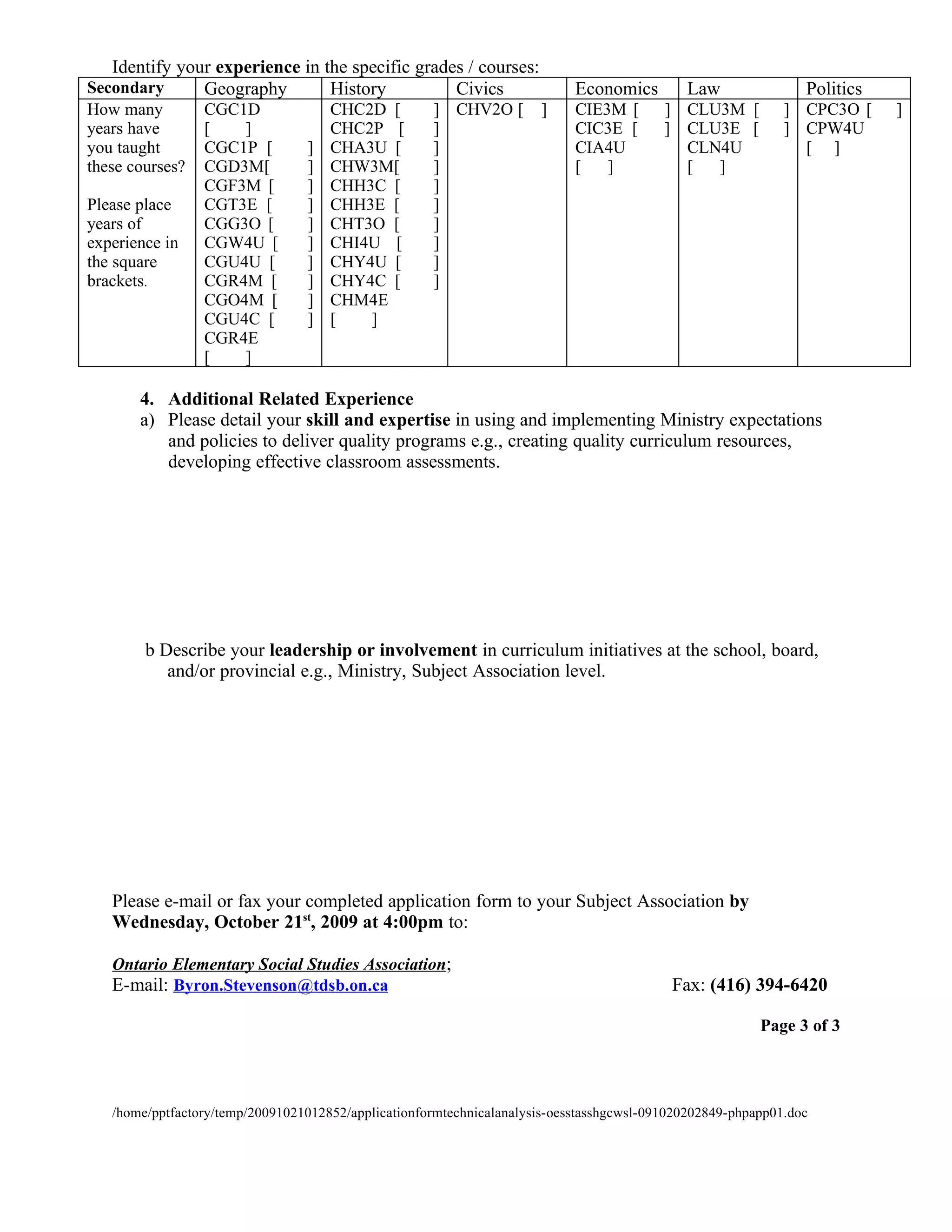 Application Form Technical Analysis Oessta Sshgcwsl | DOC
