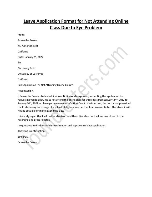Application for Not Attending Online Class due to Eye Problem