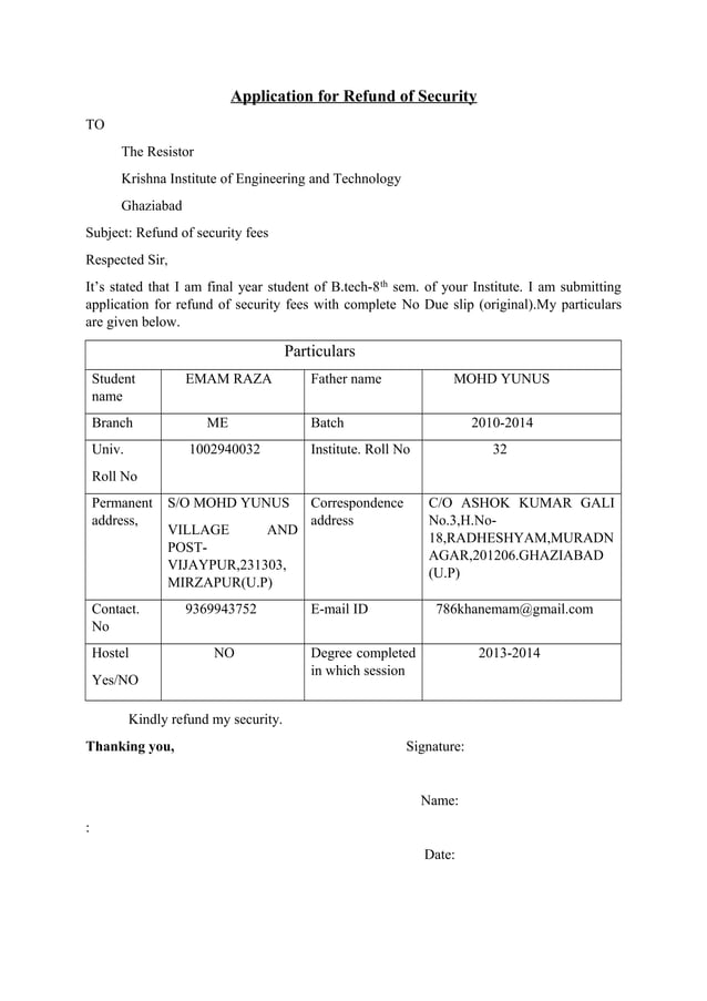 Application for refund of security | ODT
