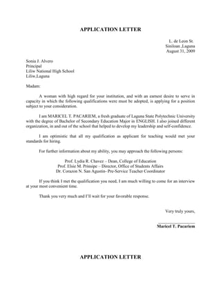 Application Letter For High School Teacher
