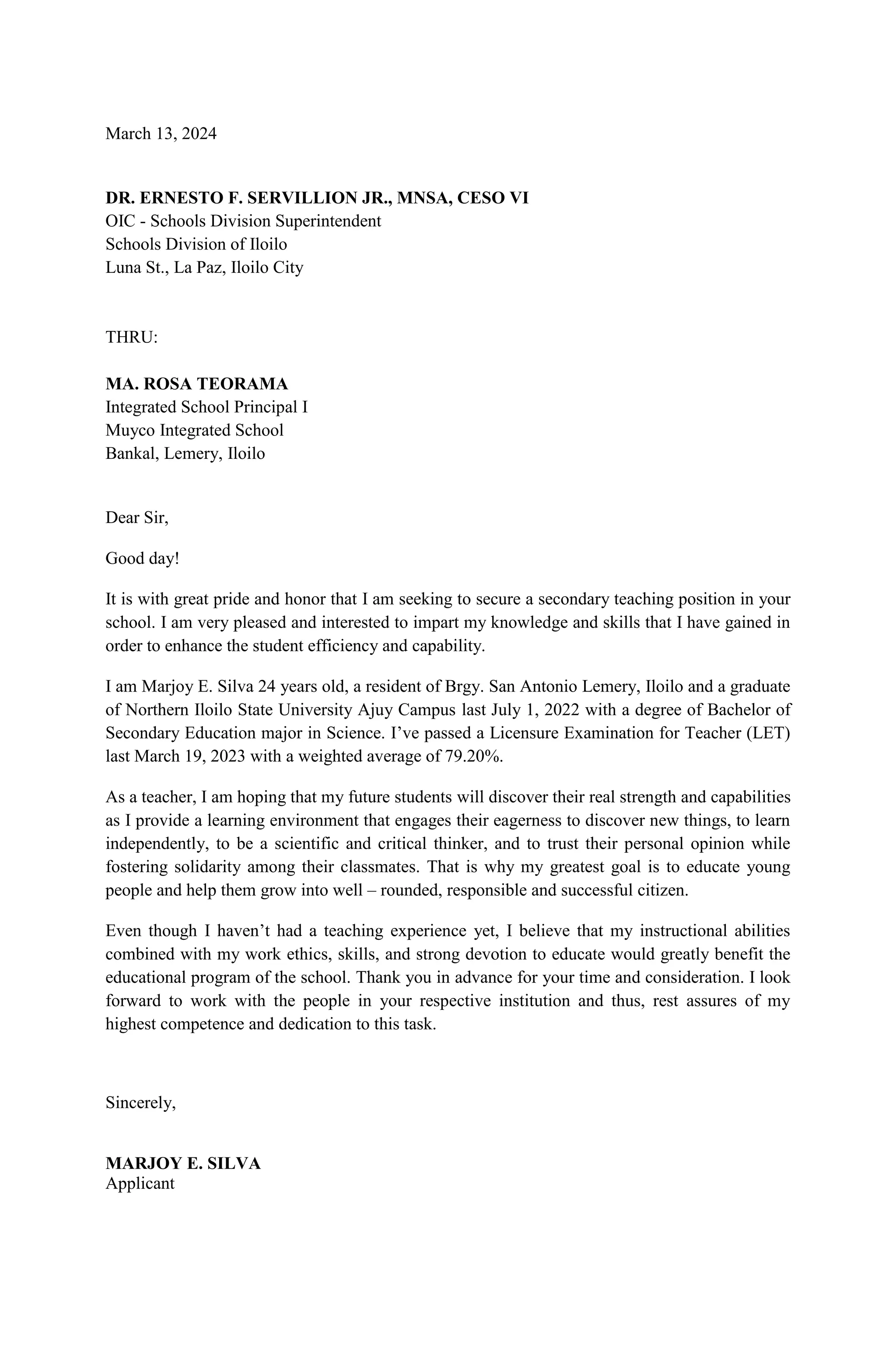 Application Letter for ranking in DEPed for science category | DOCX