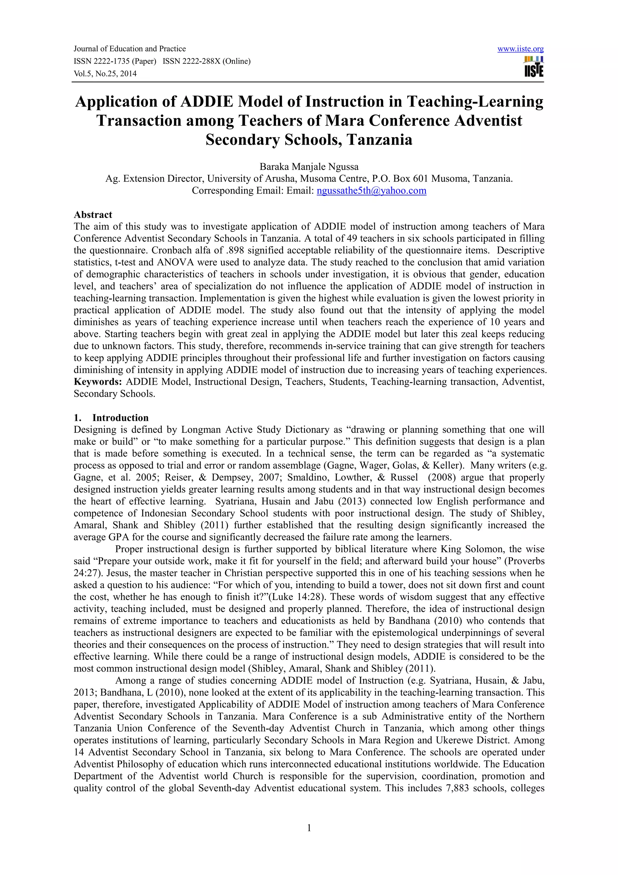Application of addie model of instruction in teaching learning ...
