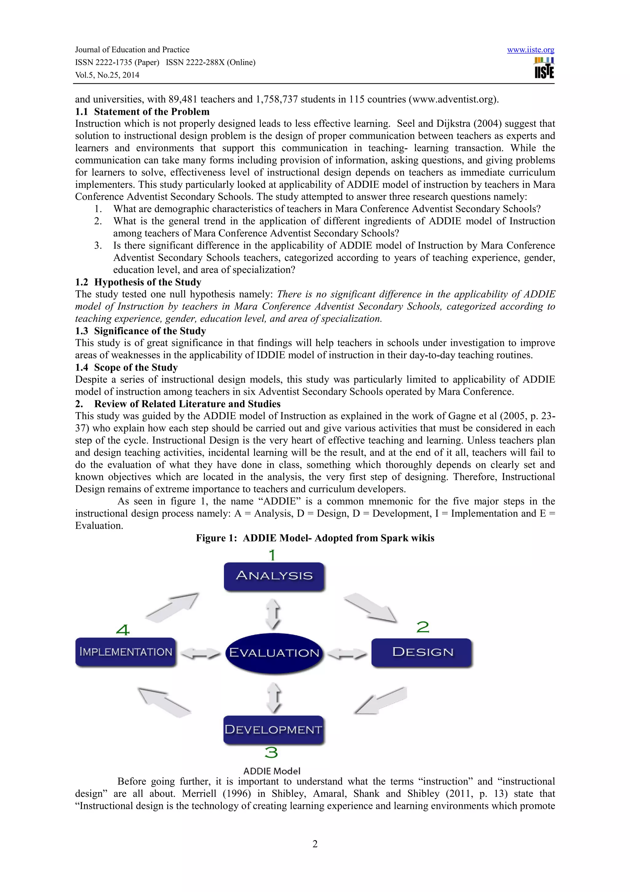 Application of addie model of instruction in teaching learning ...