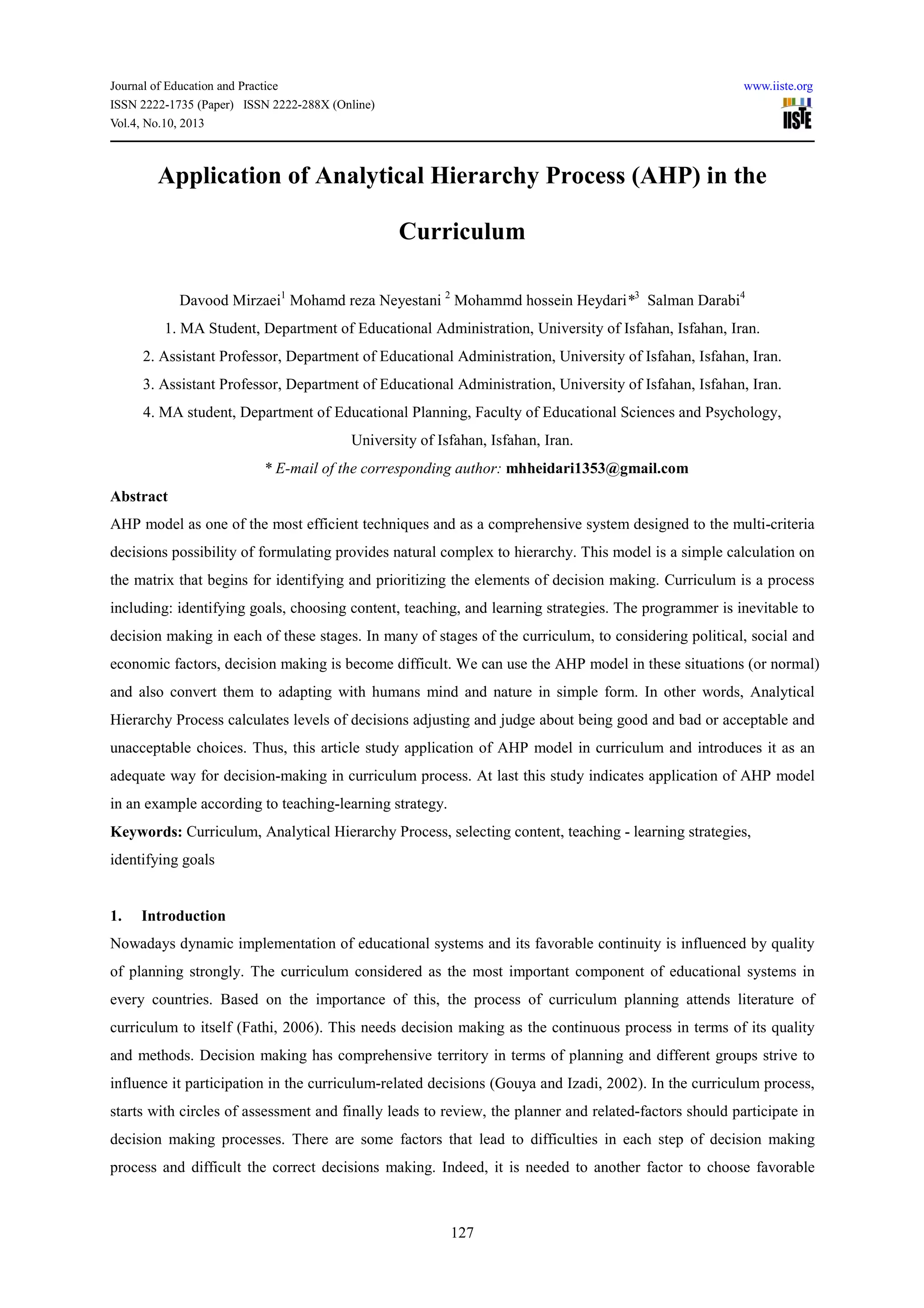 Application of analytical hierarchy process (ahp) in the curriculum | PDF