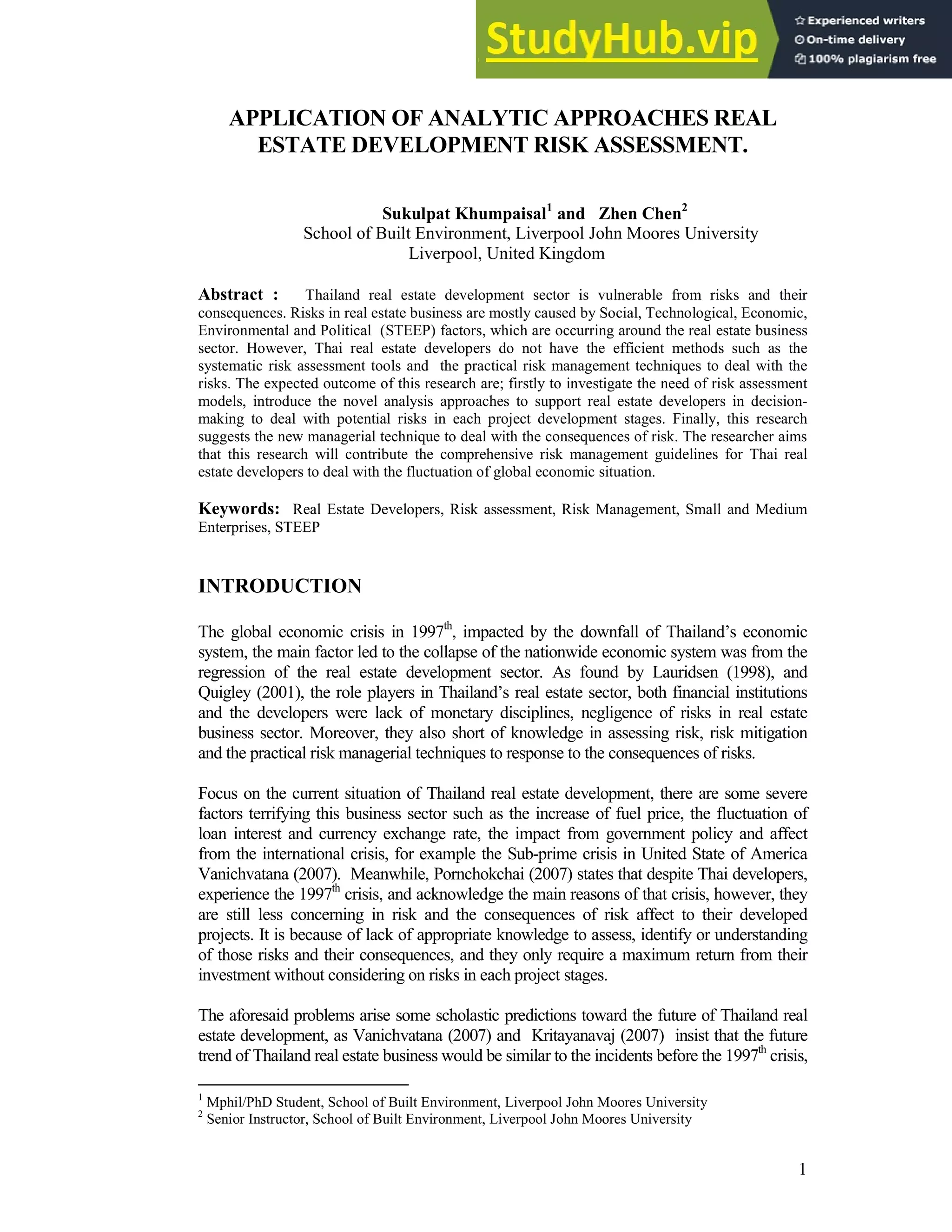 Application Of Analytic Approaches Real Estate Development Risk ...