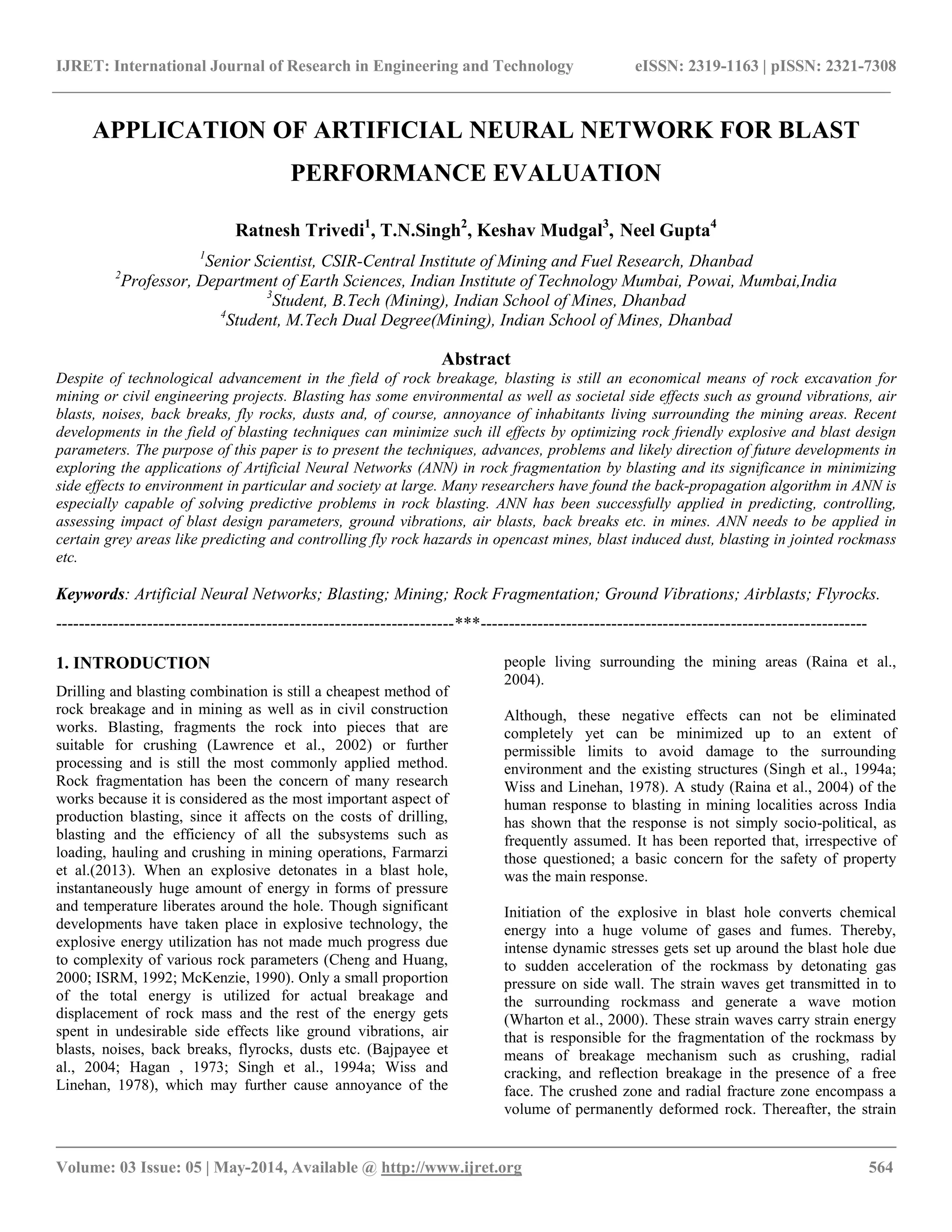 Application Of Artificial Neural Network For Blast Performance Evaluation Pdf Geology Science