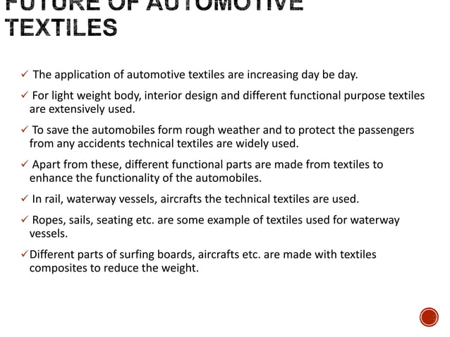 Application of automobile textiles: A comprehensive study | PPTX