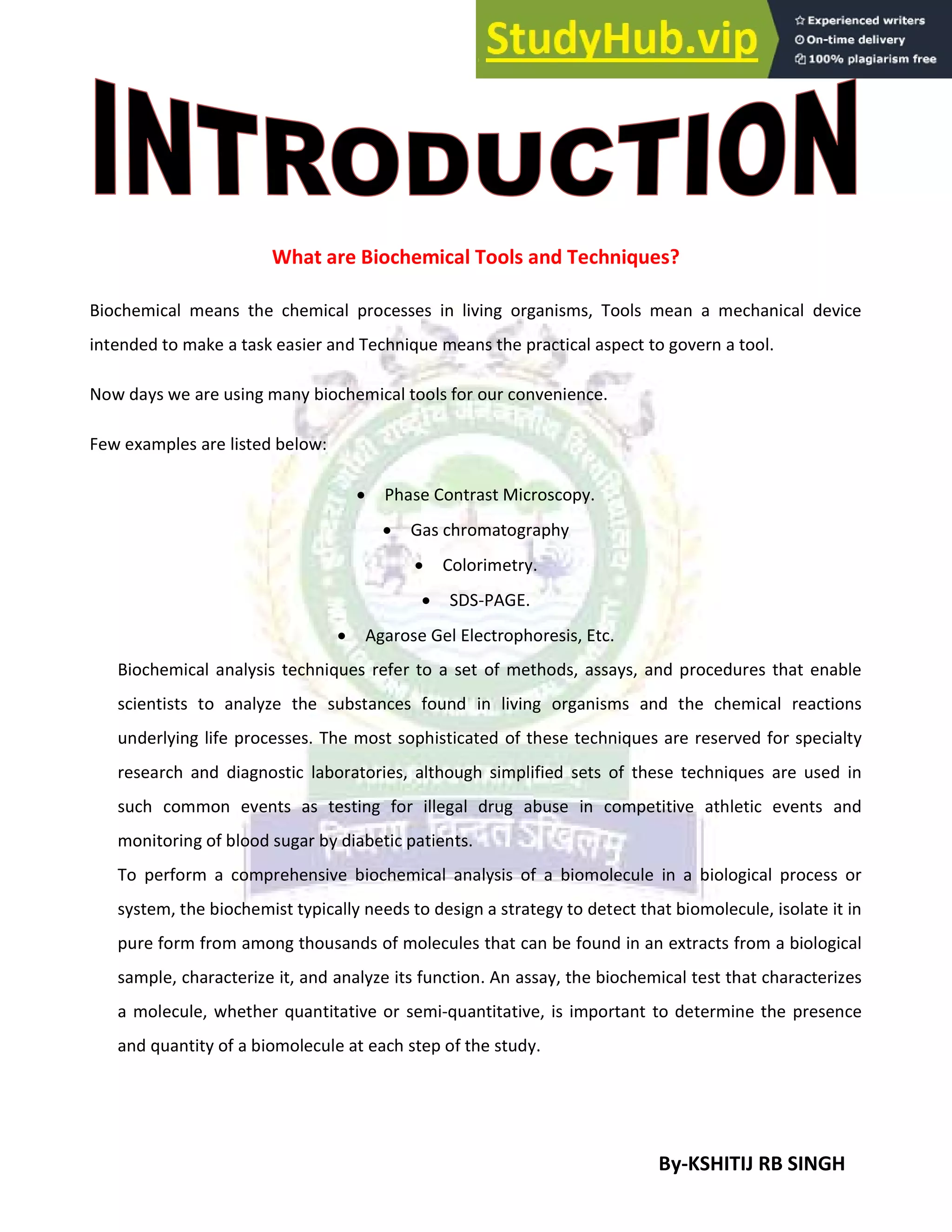 Application Of Biochemical Tools And Techniques. | PDF