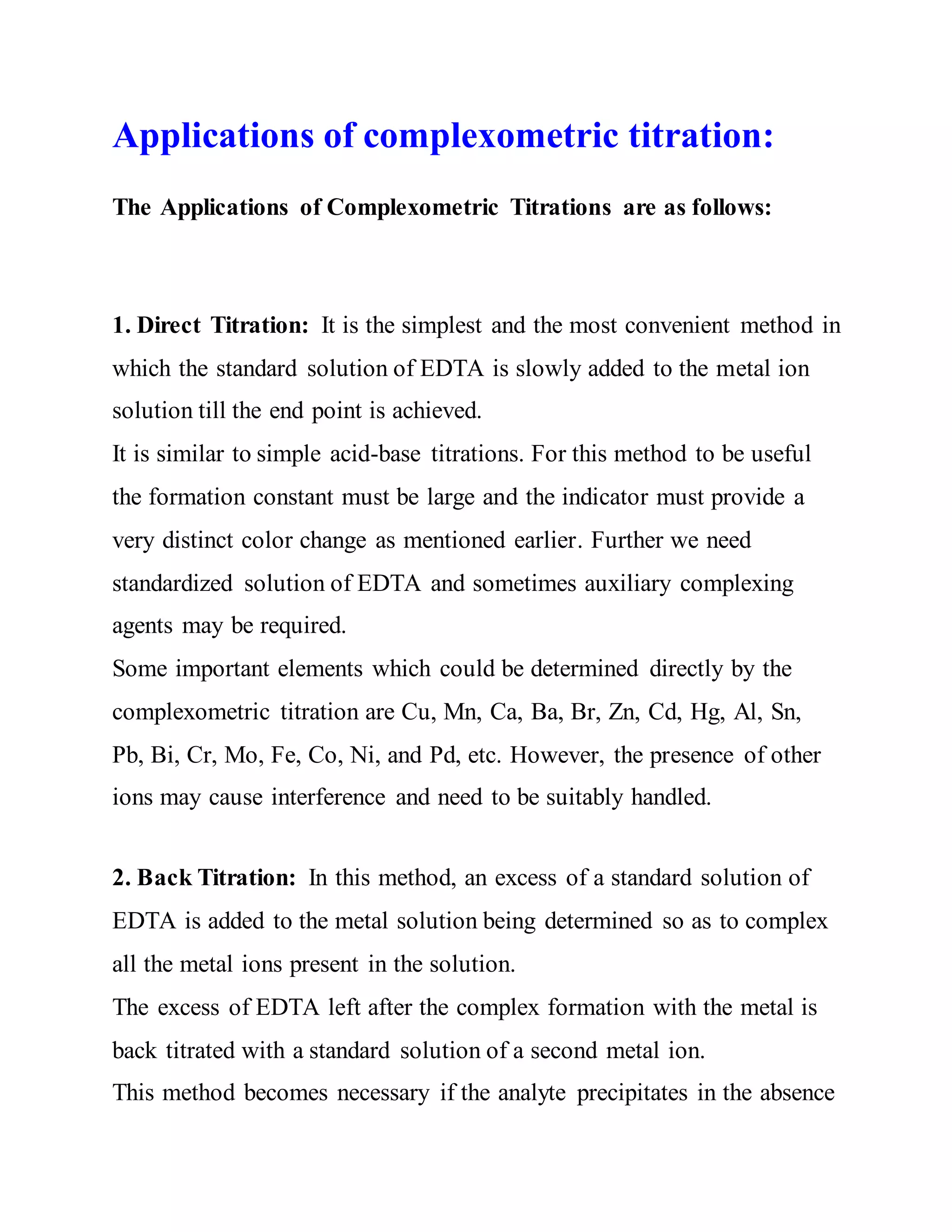 Application of complexometric, aquametric & amperometric titrations | DOCX