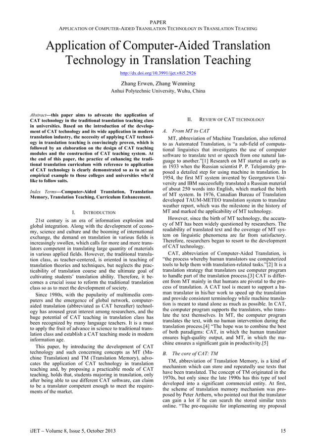 Application of computer aided translation technology in translation teaching | PDF